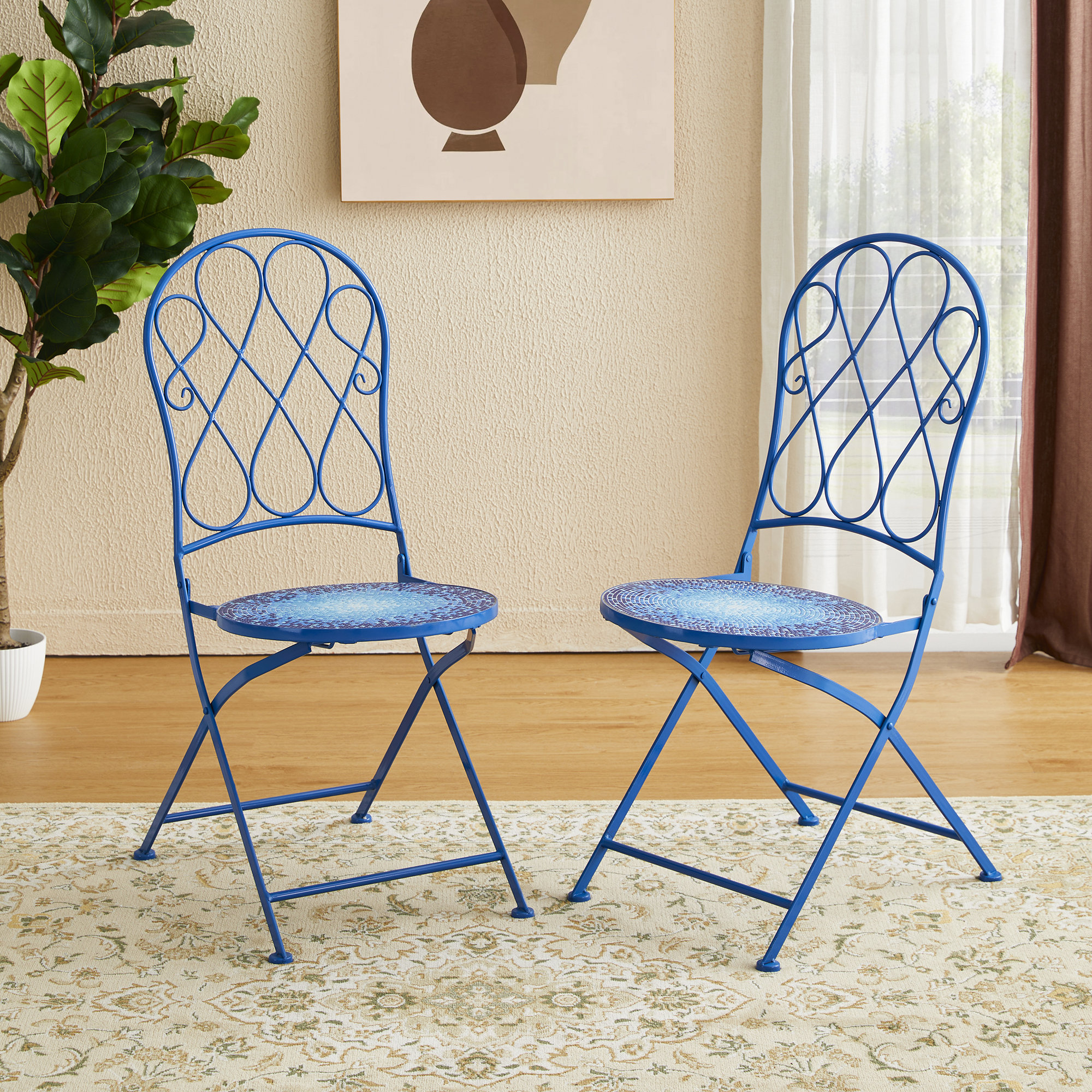 Bungalow Rose Set Of 2 36.5"H Outdoor Metal Folding Blue Bistro Chairs ...