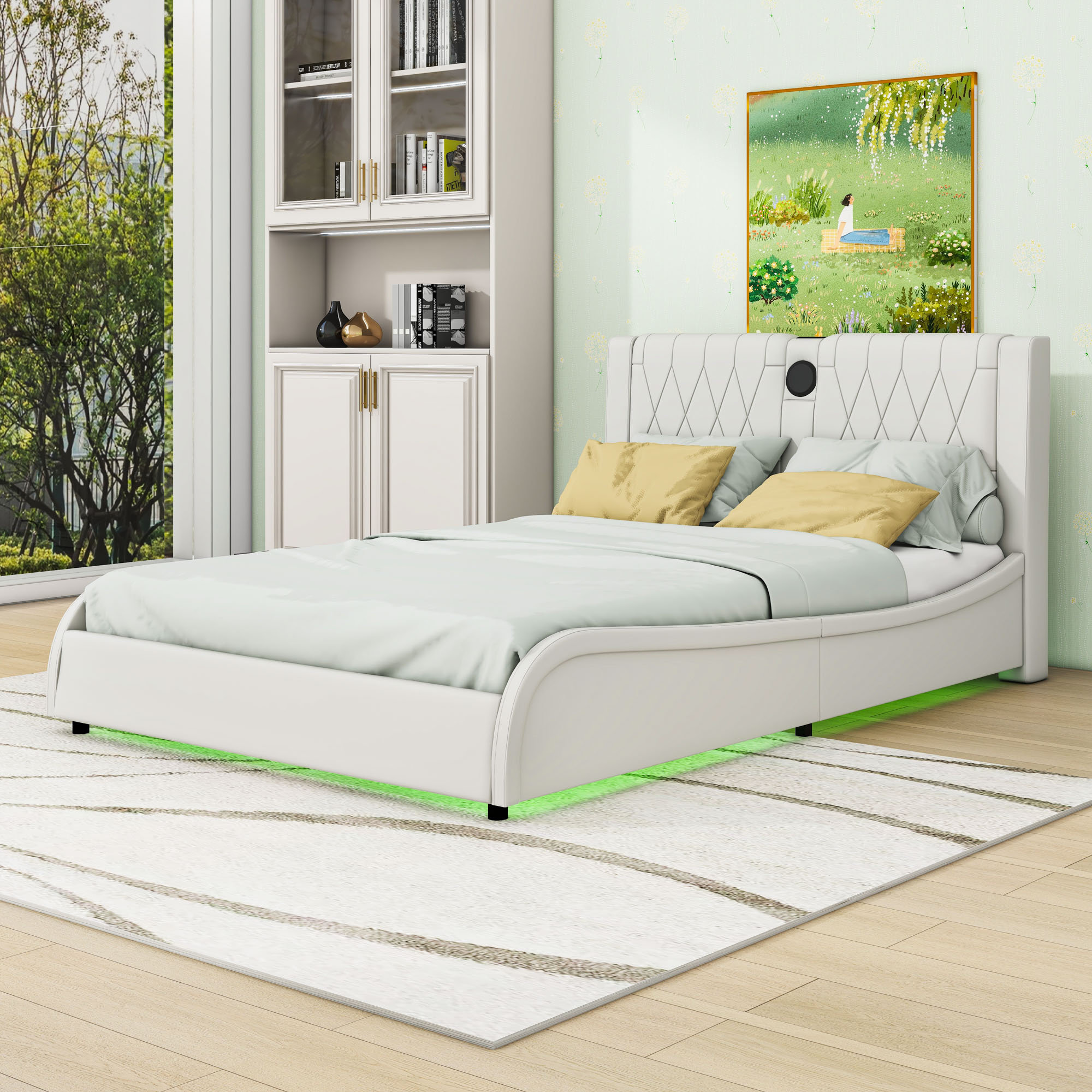 Ivy Bronx Upholstered Bed with Headboard and LED and Bluetooth Speakers ...