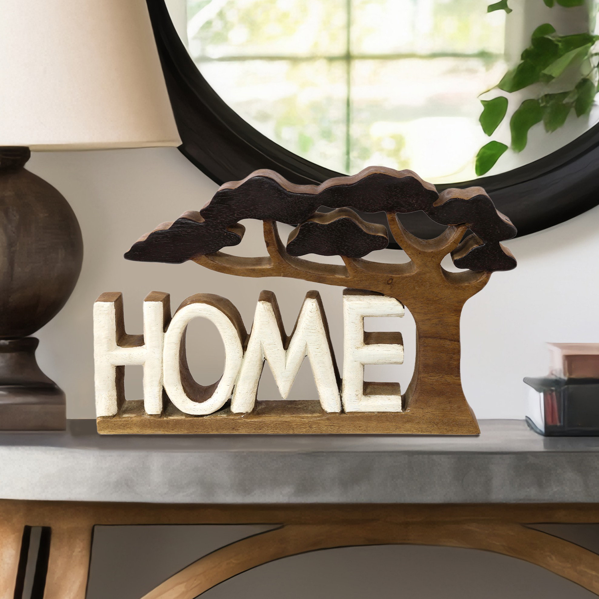 Trinx Emeree Handmade Wooden Sculpture of Home Word Under a Tree Symbol ...