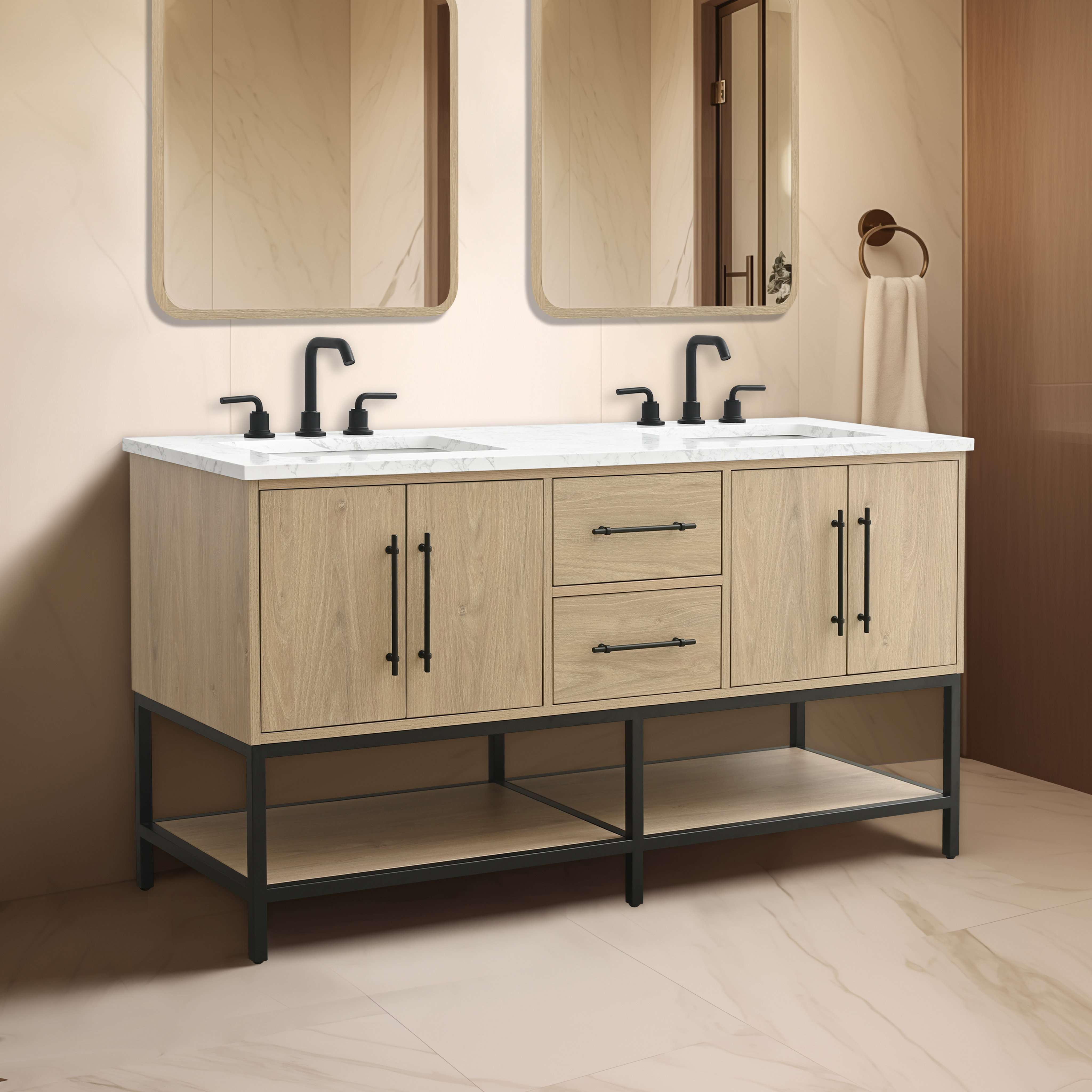 Ebern Designs Cherita 60" Double Bathroom Vanity With Engineered Stone ...