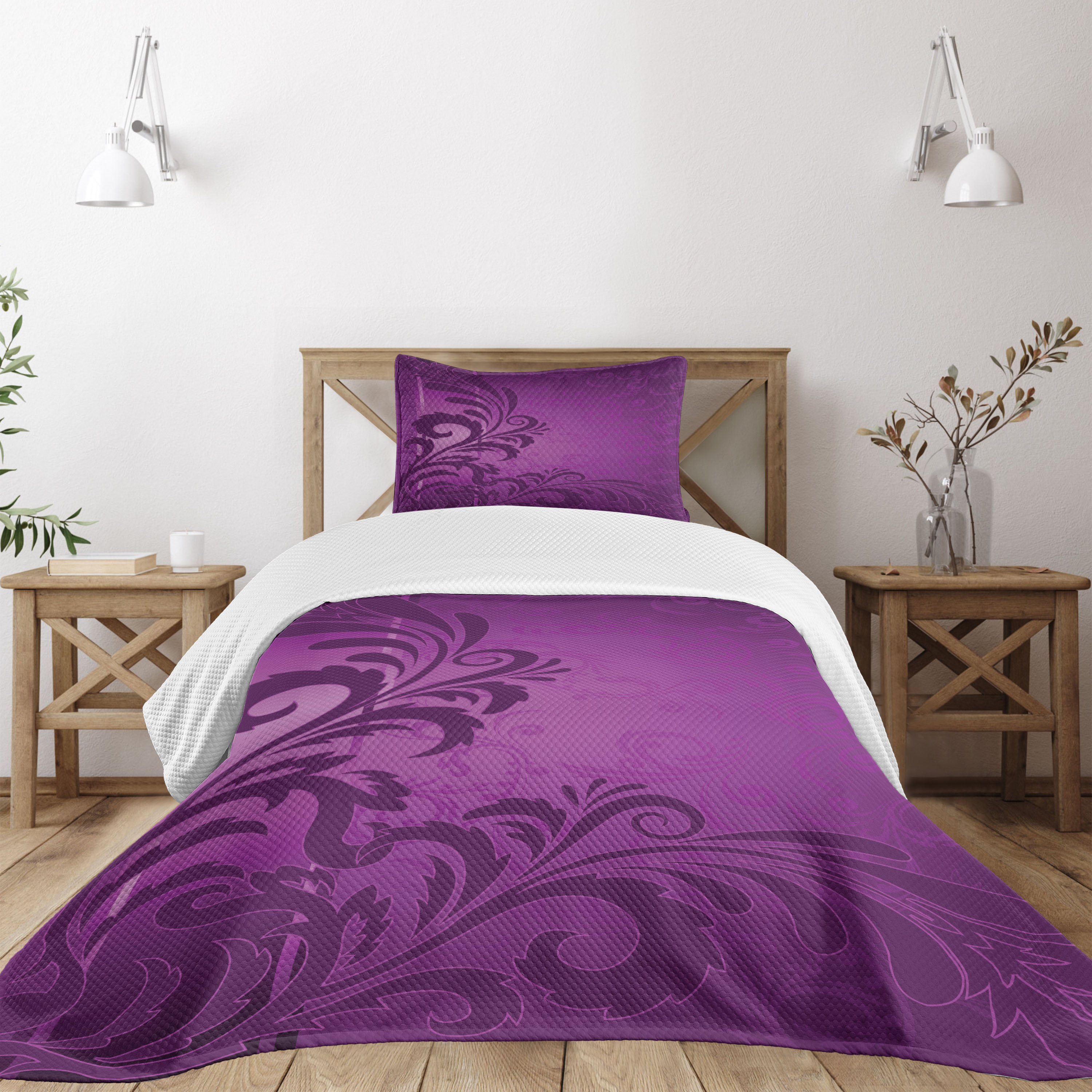 Ambesonne Purple Bedspread Set Retro Abstract Floral Purple Plum | Wayfair