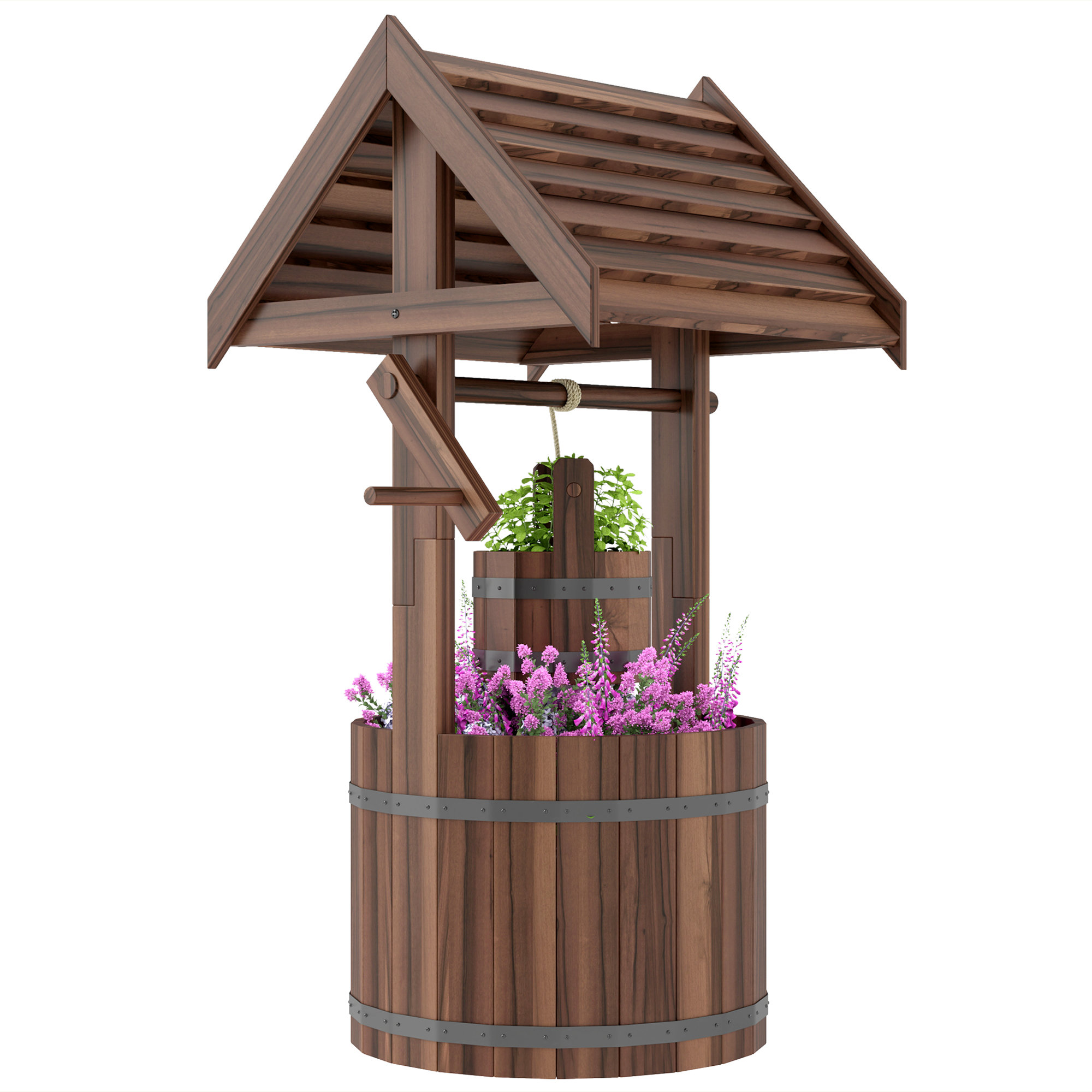 Union Rustic Wooden Wishing Well Planter with Adjustable Hanging Bucket ...
