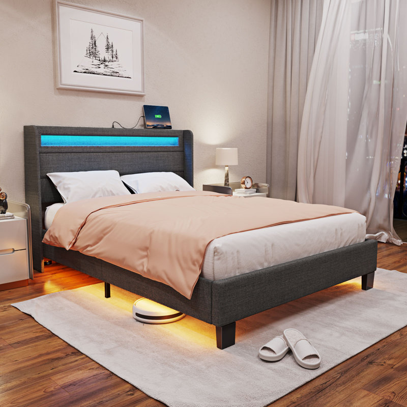 Ivy Bronx Dimtry Upholstered Bed with Headboard, LED Lights and USB ...