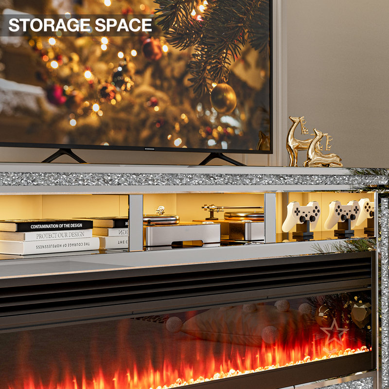 Everly Quinn Mirrored Fireplace Tv Stand For 65+ Inch Tv, Silver Tv ...