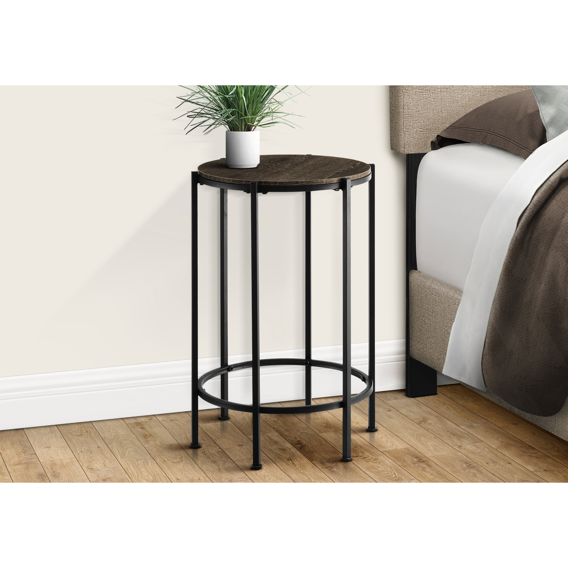 Ebern Designs Chic Dark Oak Laminate End Table With Black Metal Accents ...