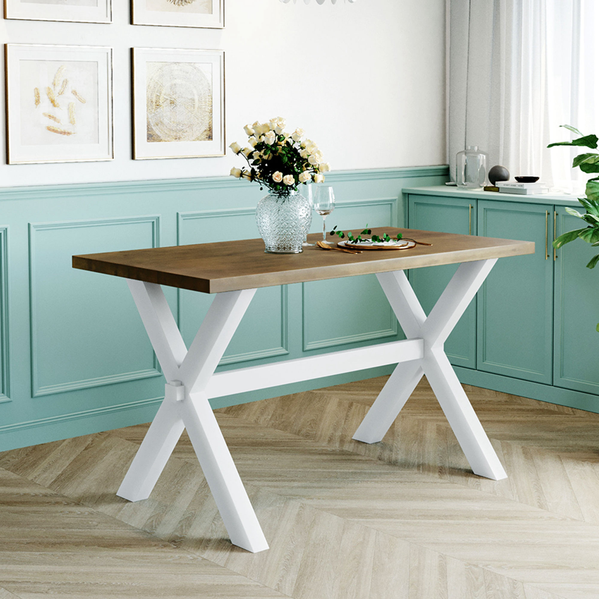 Gracie Oaks Alivea Farmhouse Rustic Wood Kitchen Dining Table With X ...