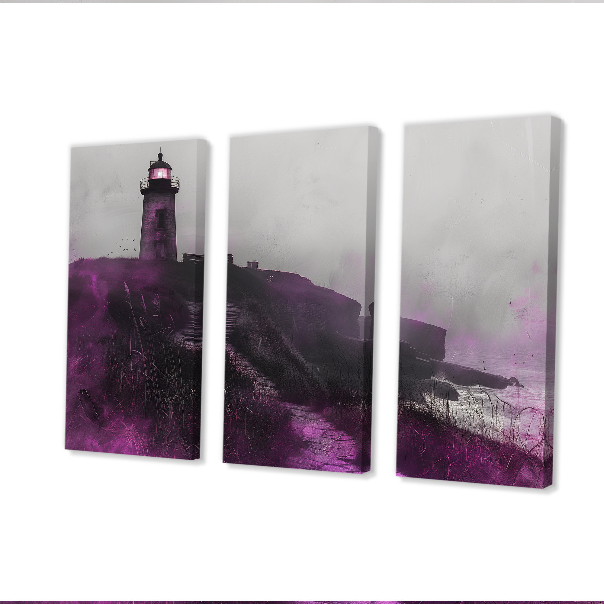 Longshore Tides Purple And Grey Foggy Lighthouse Rock I - Lighthouses ...