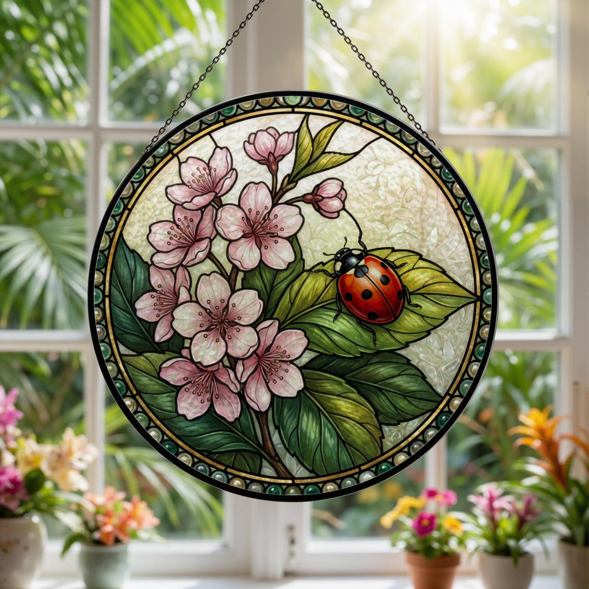 Astoria Grand 7.8"H Floral Ladybug Stained Glass Window Panel | Wayfair