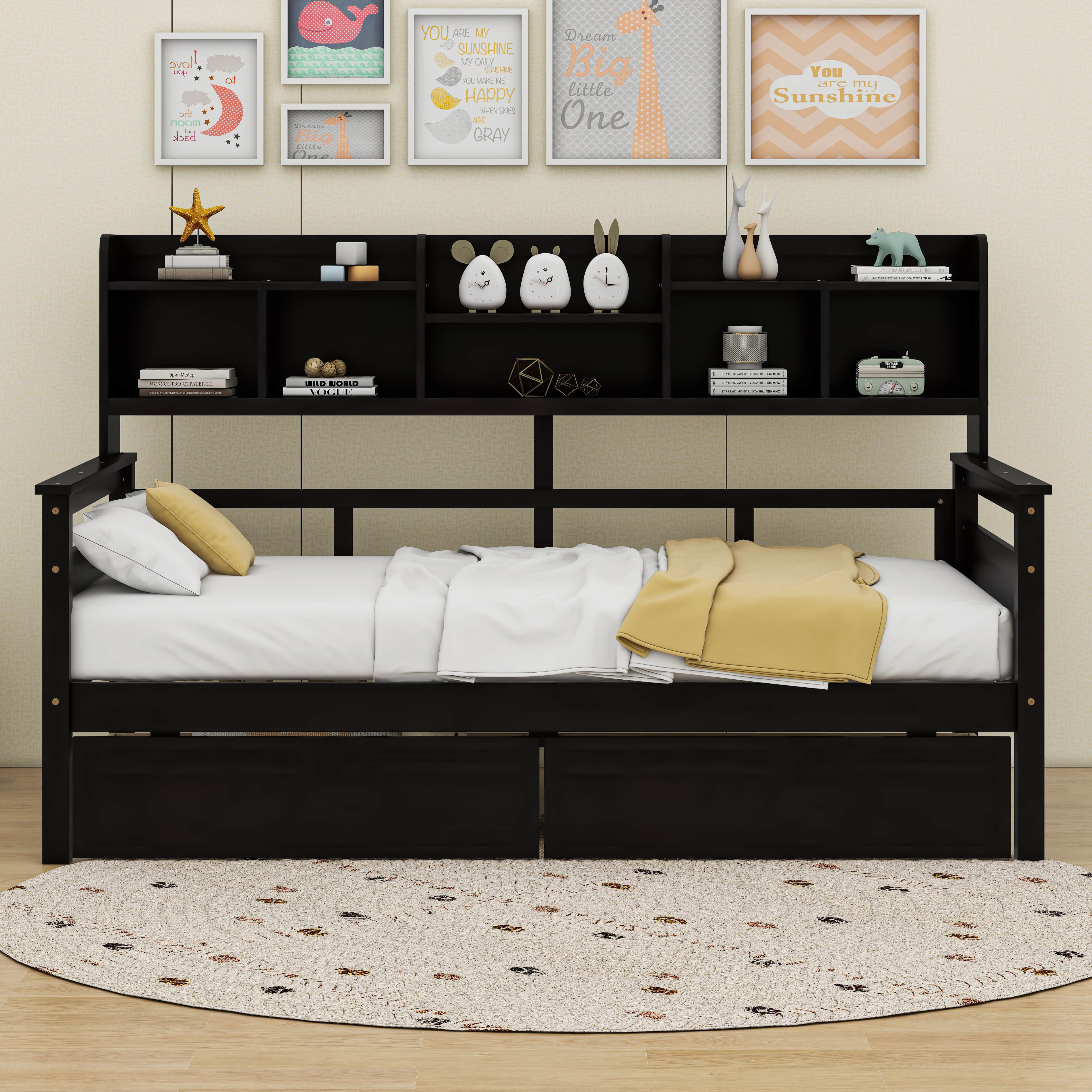 Cosmic Bookcase Wood Daybed with Bedside Shelf and Two Drawers | Wayfair