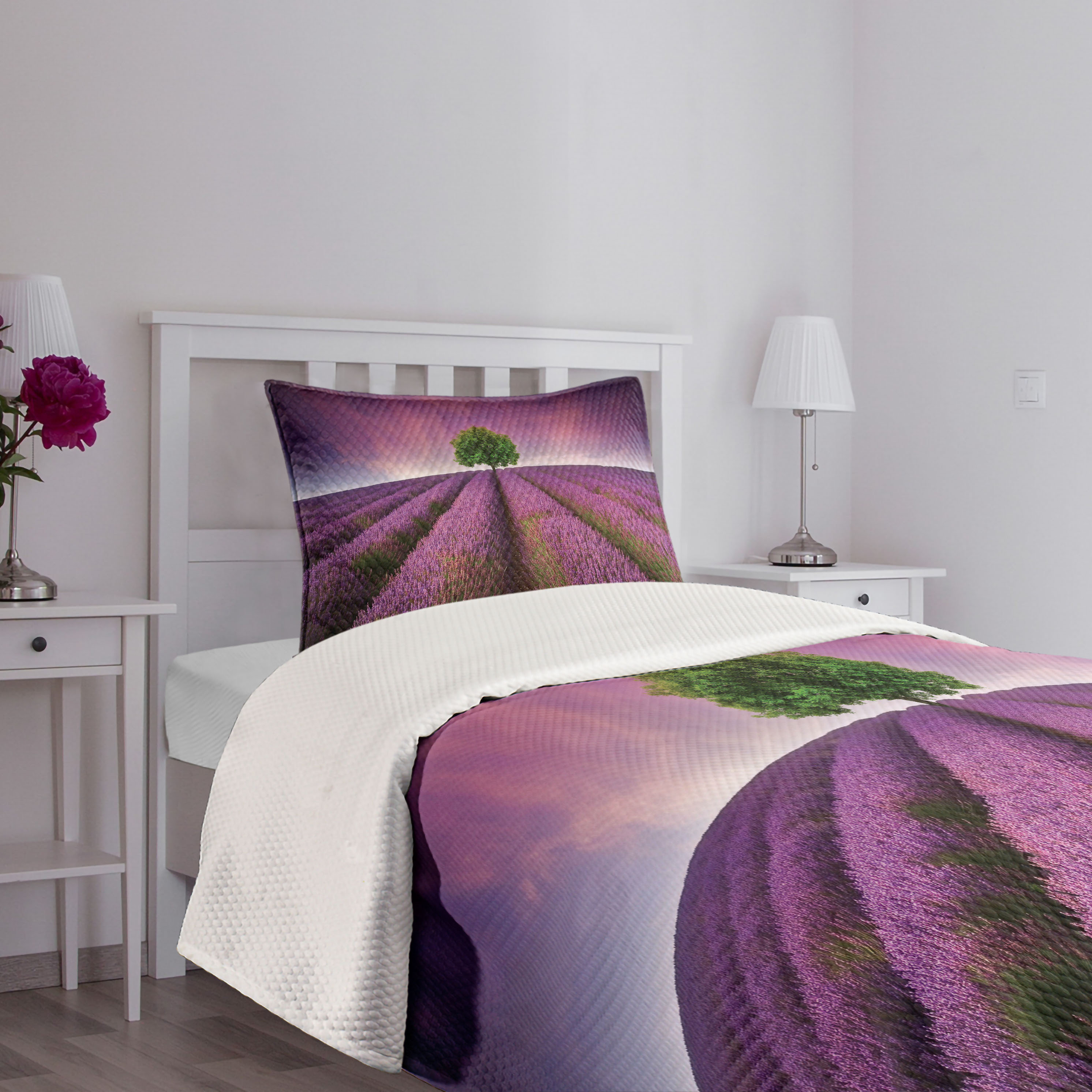 Ambesonne Purple Bedspread Set Lavender Fields and Tree Purple and ...
