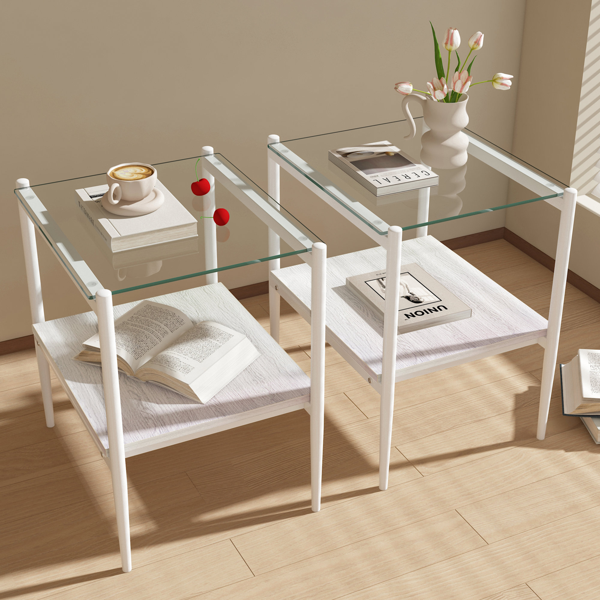 NFusion Jon Tempered Glass Side Tables with Shelf | Wayfair