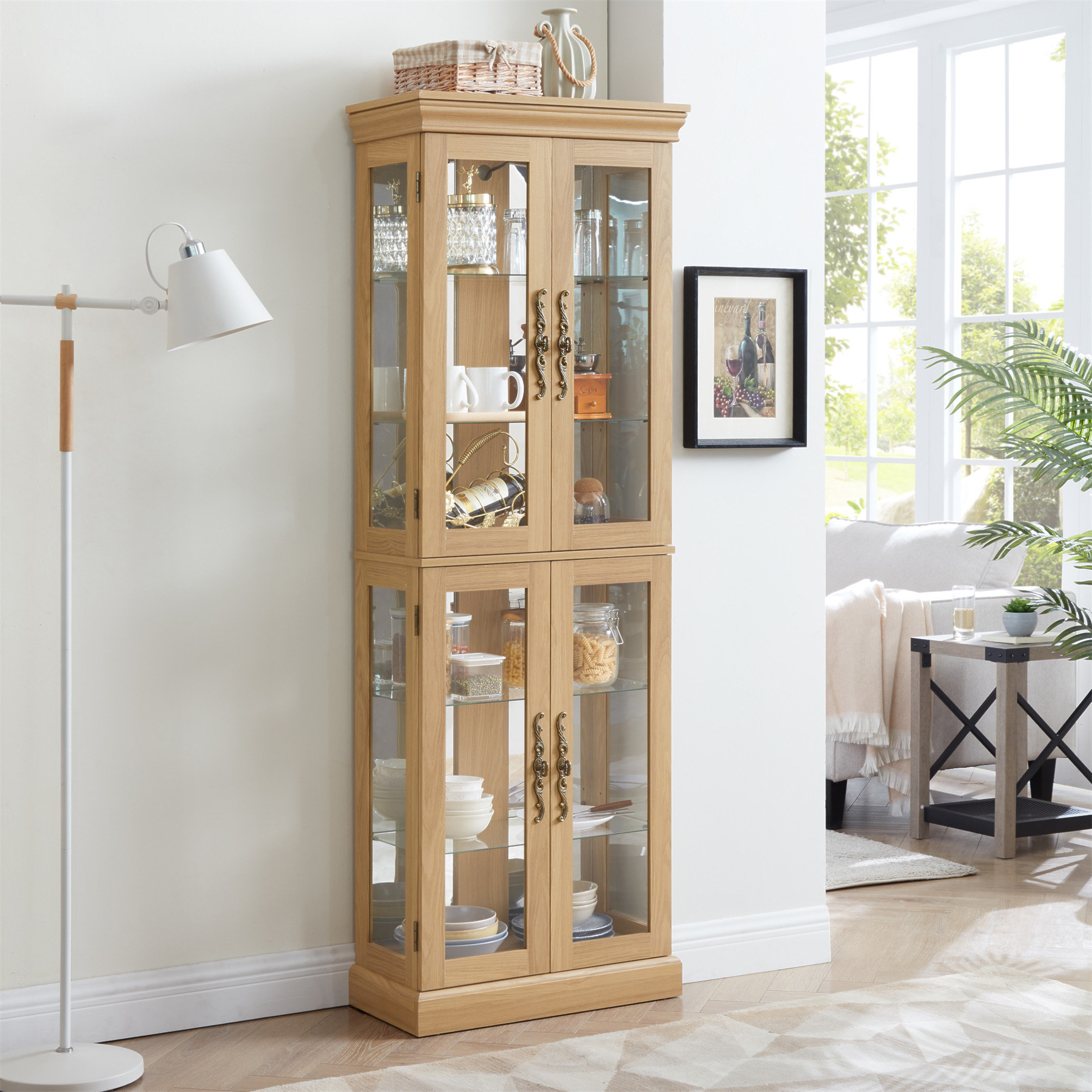 Winston Porter Lighted Glass Curio Display Cabinet With Adjustable ...