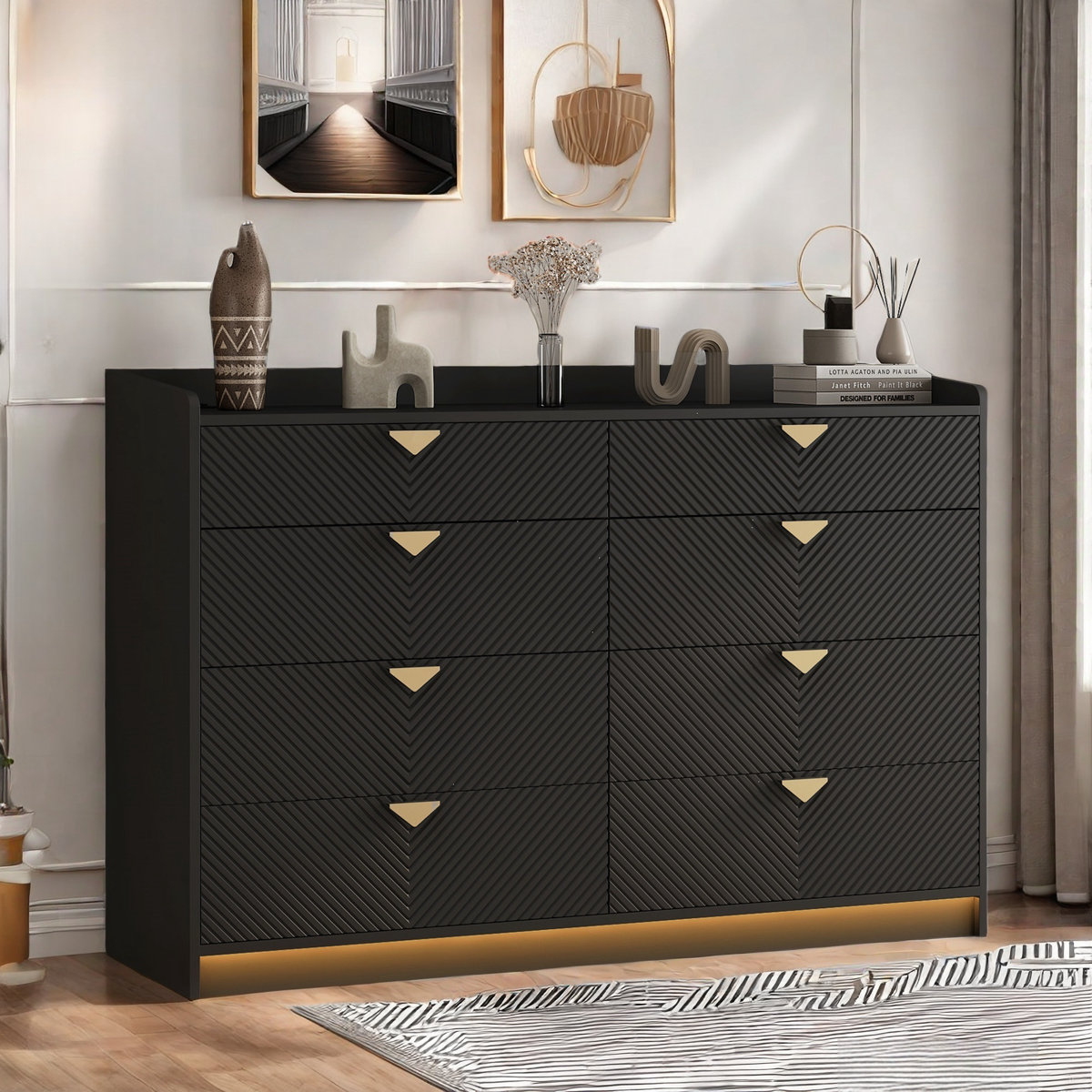 Mercer41 Modern Dresser With 8 Drawers, Led Light, Wavy Fluted Panels ...