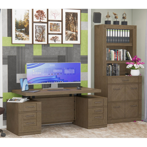Hokku Designs Junus Sit-Stand Storage Desk with File Drawer Bookcase ...
