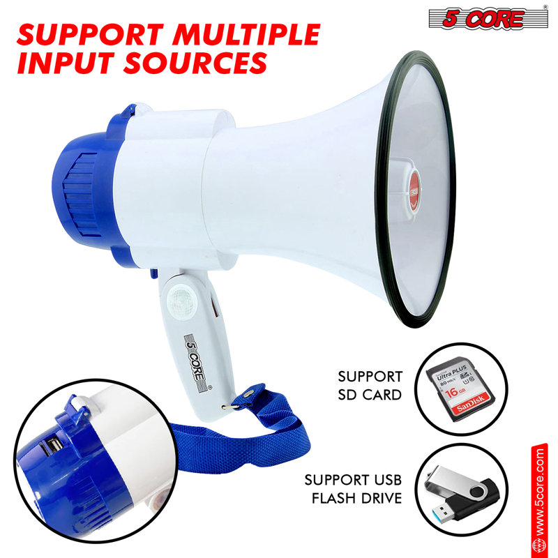 5 Core Megaphone Bullhorn Speaker 30W Mini Bull Horn Battery Power ...
