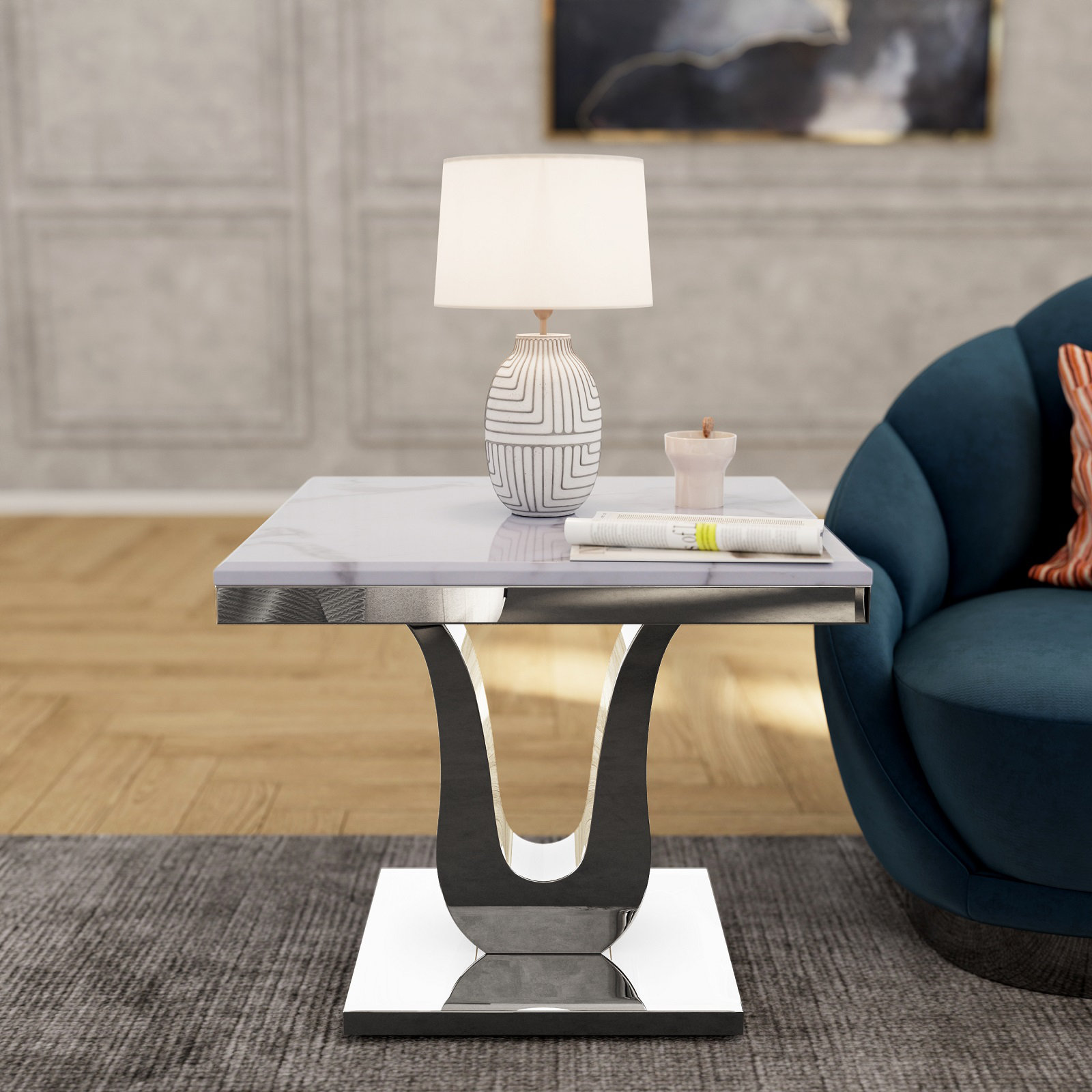 Everly Quinn Modern White End Table With Mirrored Metal U-Base For ...