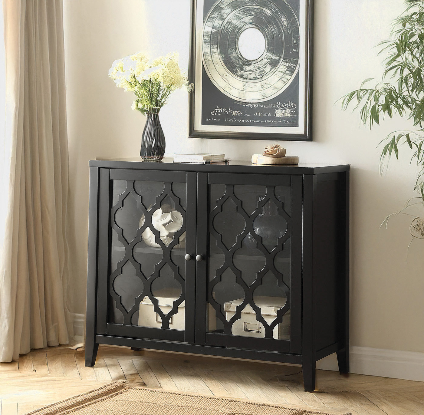 Lark Manor™ Modern Glass Door Console Table with Wooden Tapered Legs ...
