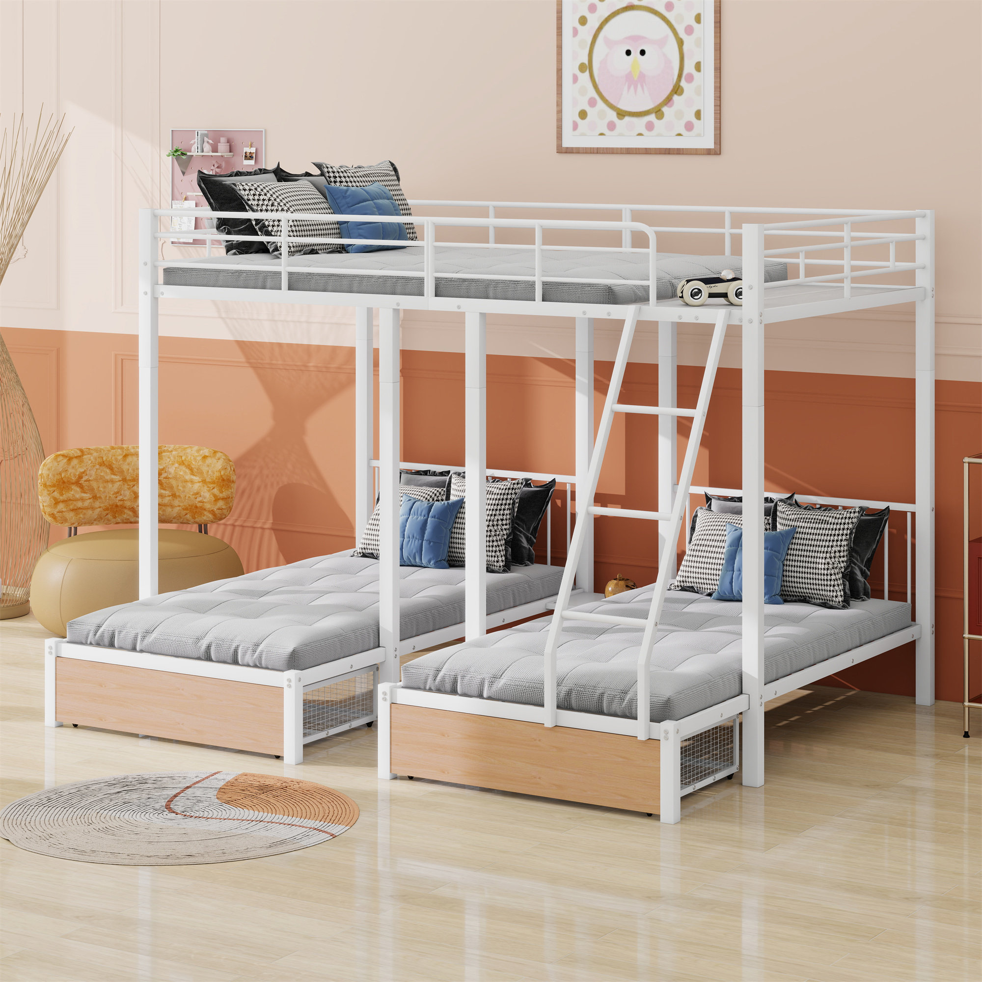 Mason & Marbles Metal Triple Bunk Bed With Drawers And Guardrails | Wayfair