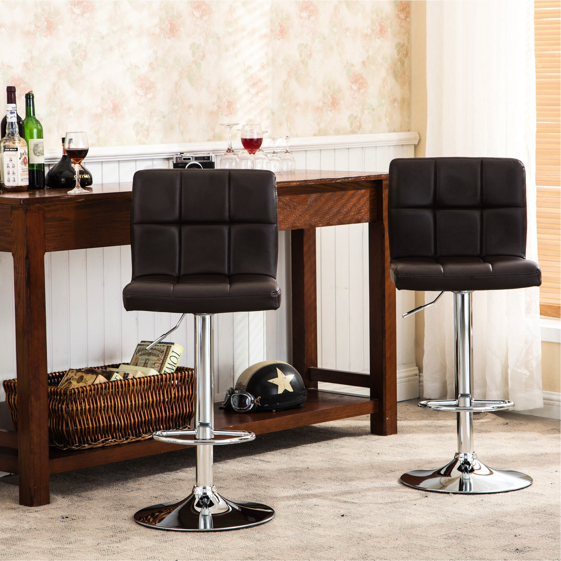 Latitude Run® Of 2 Brown Adjustable Bar Stools. Faux Leather Seat And ...