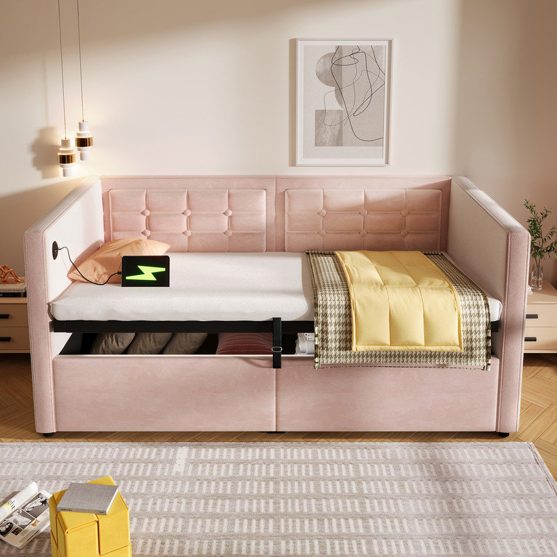 Everly Quinn Upholstered Twin Daybed with Hydraulic Storage and USB Charging Stations | Wayfair