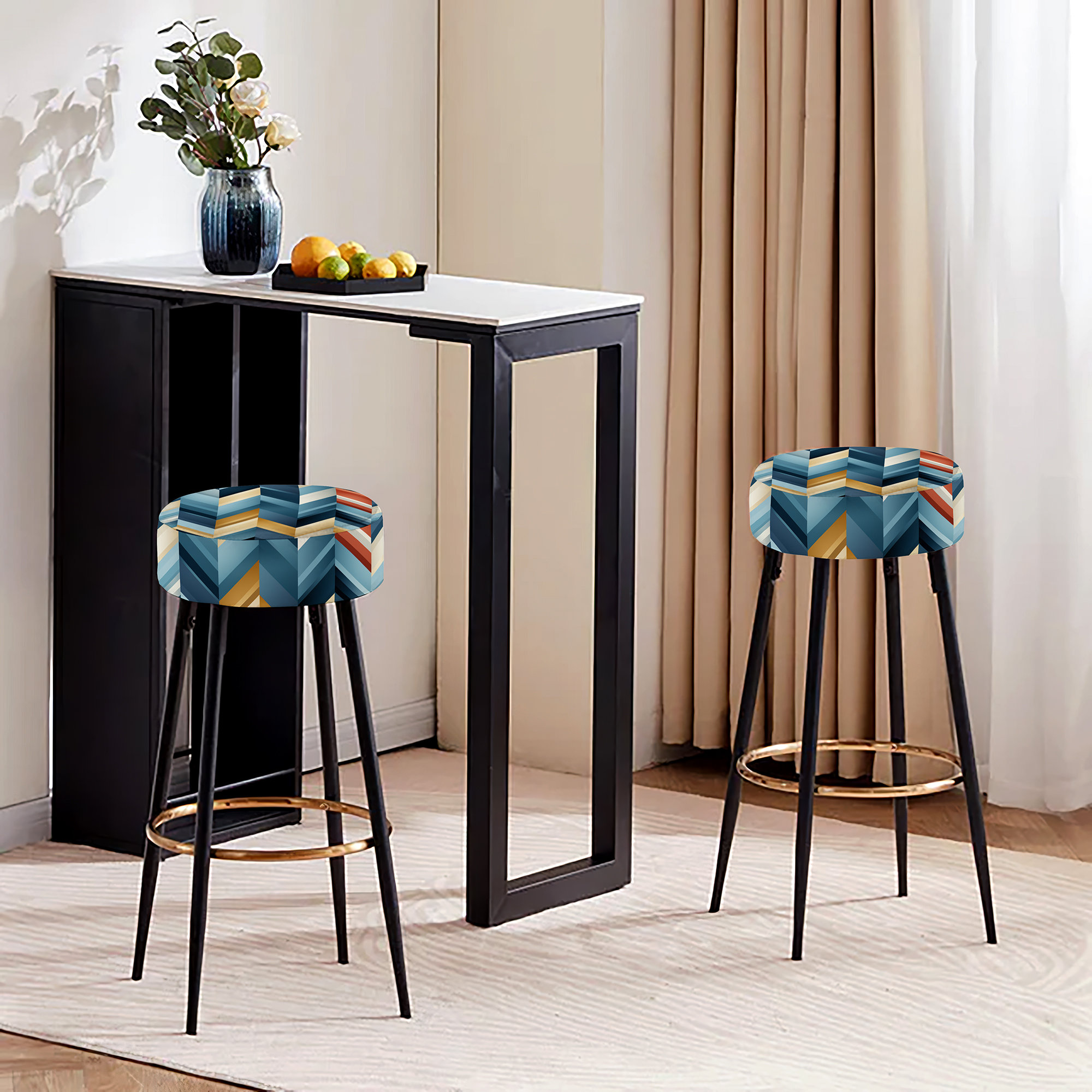Design Art Blue And Golden Geometric Chevron - Geometric Bar Stools Set ...