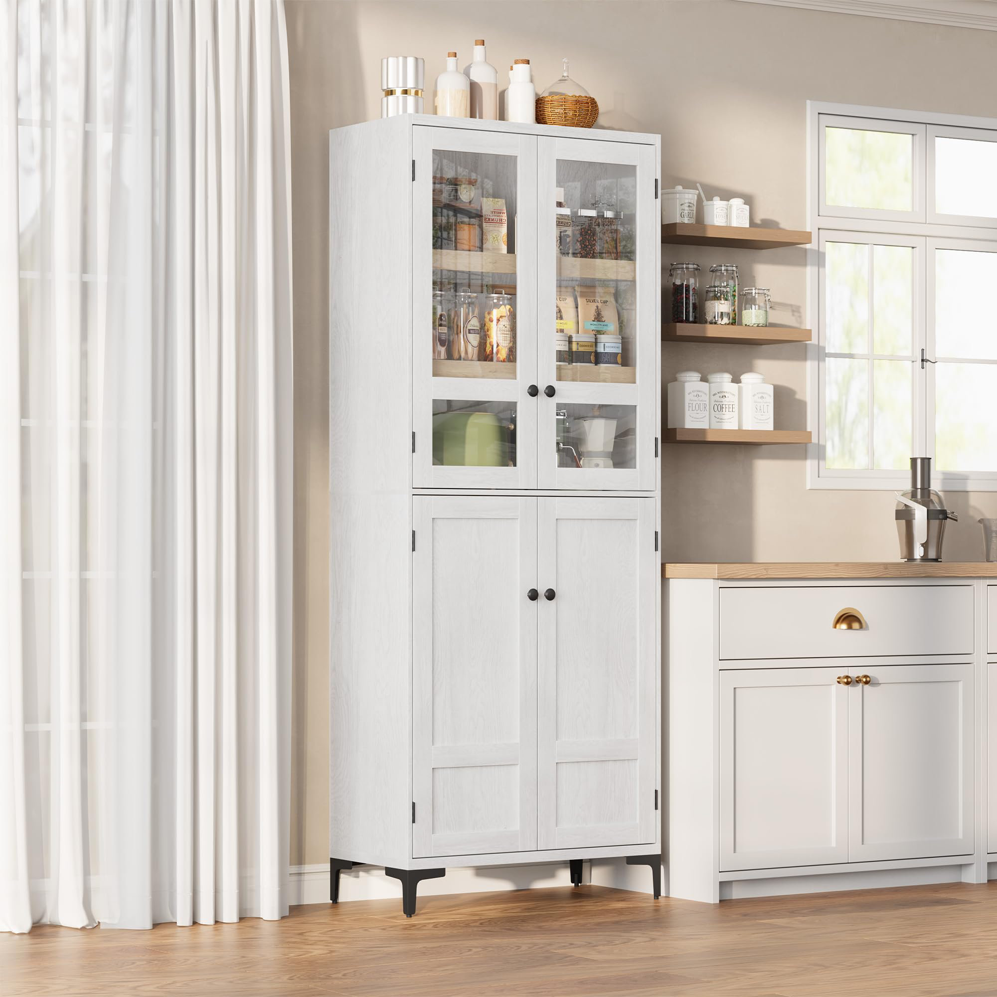Ebern Designs 71" Tall Kitchen Pantry Cabinet with Glass Doors ...