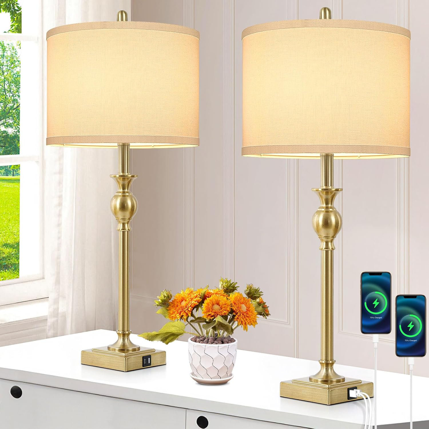 Rosdorf Park 28" Gold Table Lamps Set With Usb Charging, Modern ...