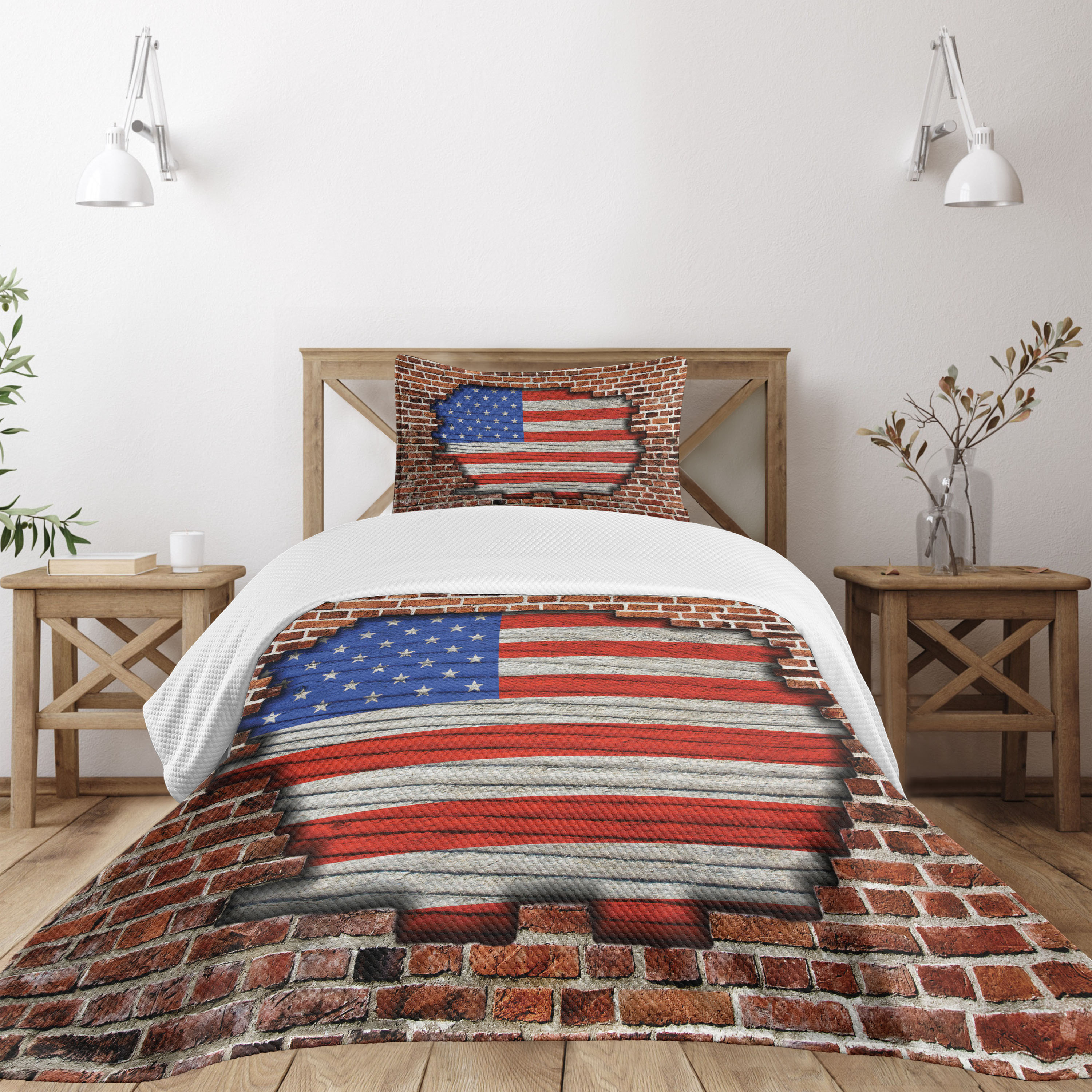 Ambesonne USA Bedspread Set American National Flag Blue Red Brown | Wayfair