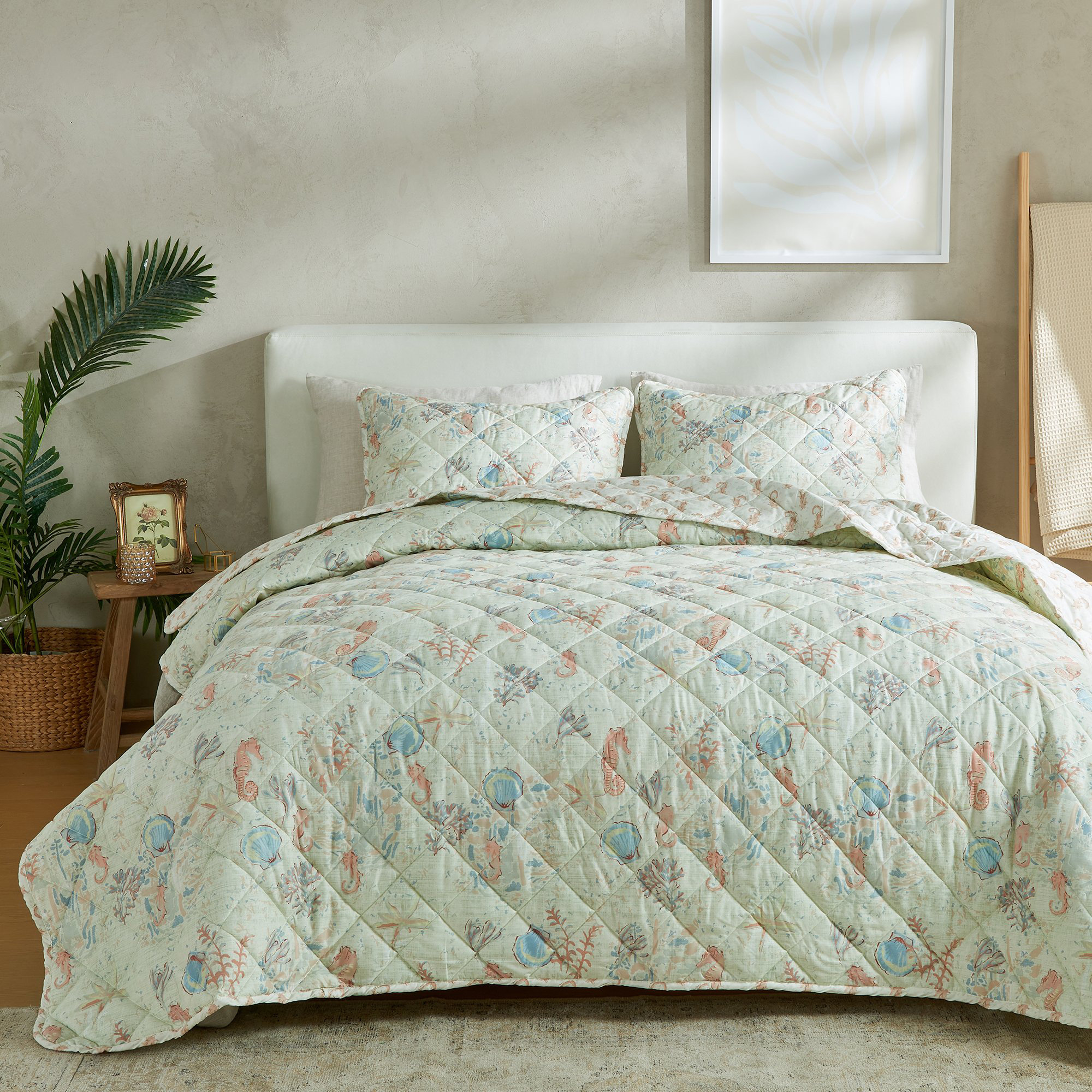 Patina Vie Maison Vintage Coastal Inspired Blue Shells Quilt Set ...