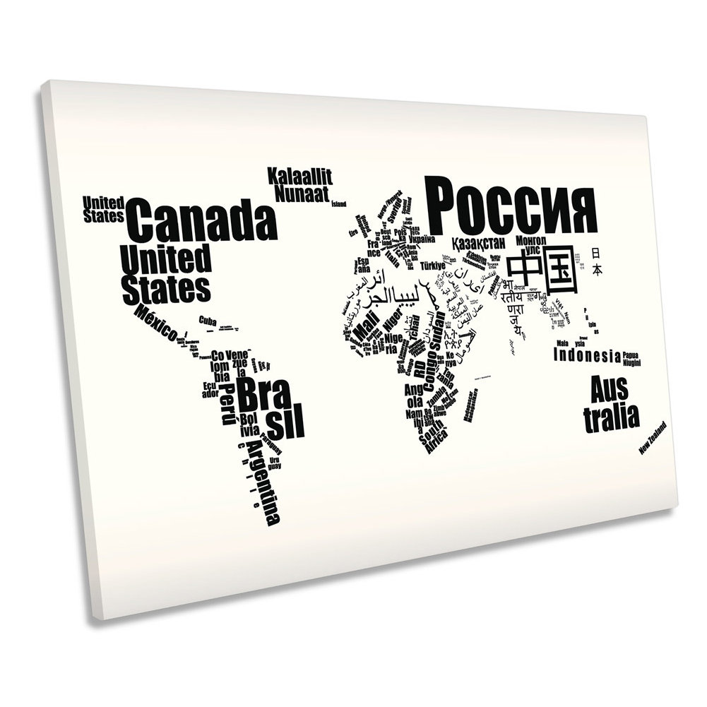 Ebern Designs Map Of World Typography Languages CANVAS WALL ART Framed ...