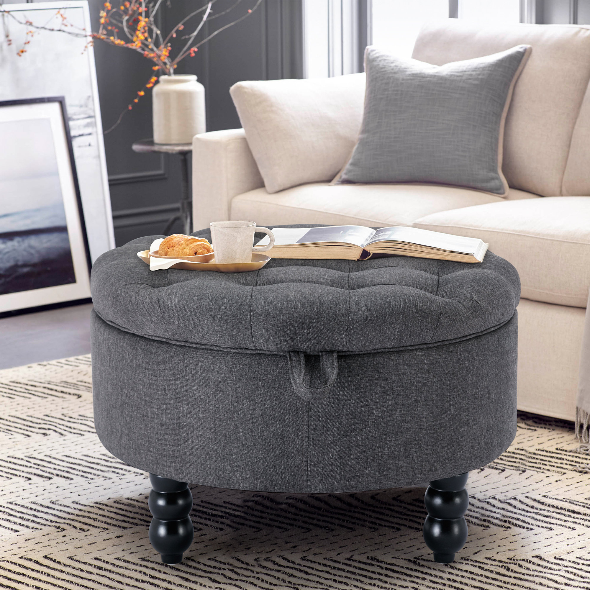 Alcott Hill Round Upholstered Storage Ottoman & Reviews | Wayfair