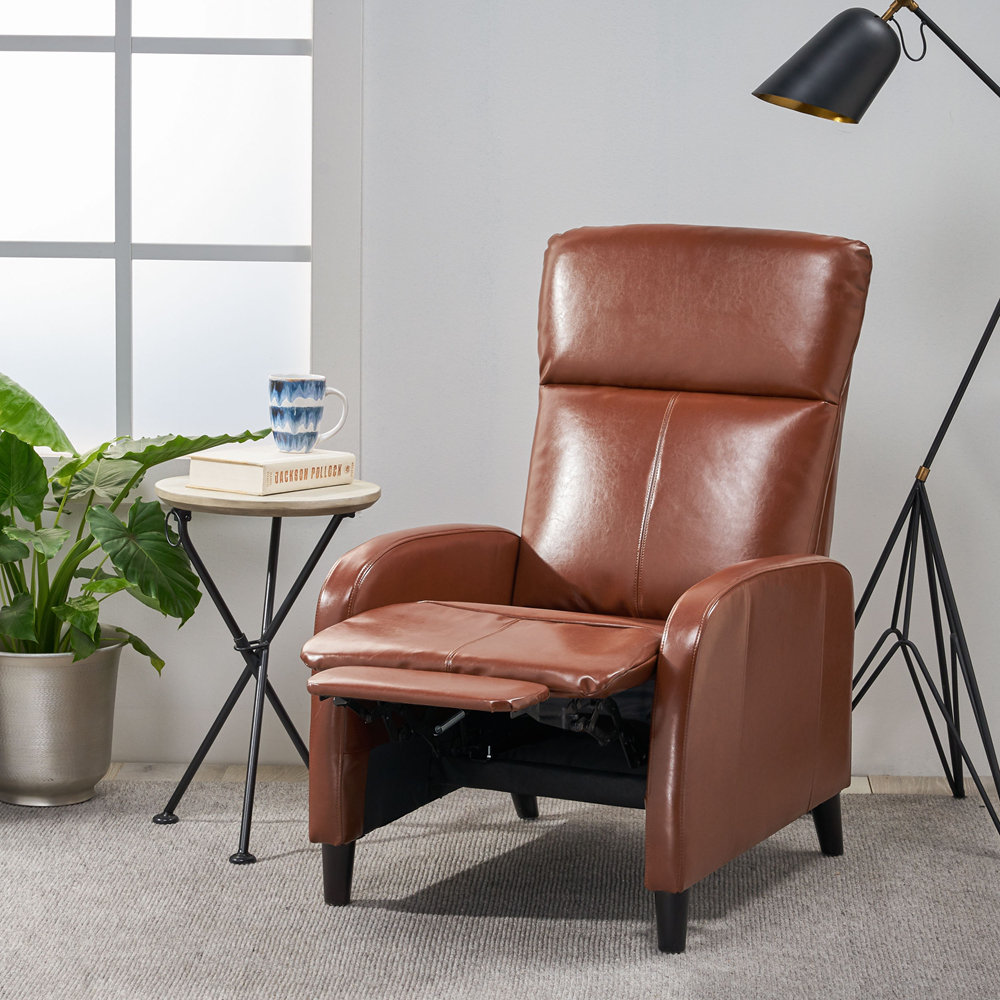 Ebern Designs Sleek Hazelnut Faux Leather Push Back Recliner, Compact ...