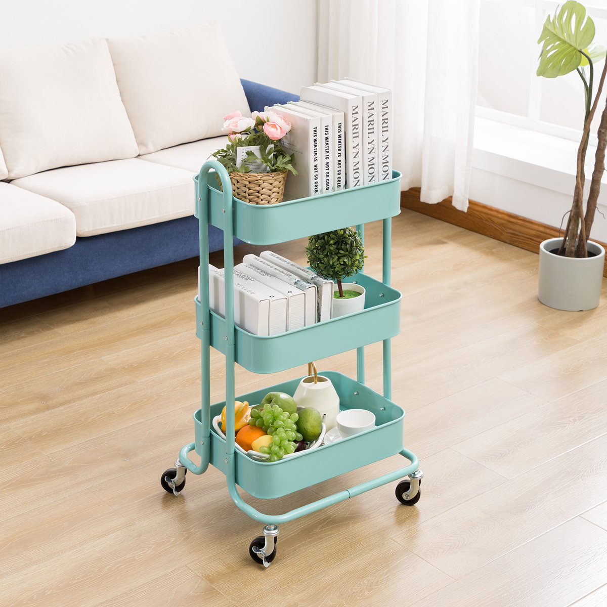 walsport 3 Tier Rolling Cart for home, Metal Mesh Storage Organizer ...