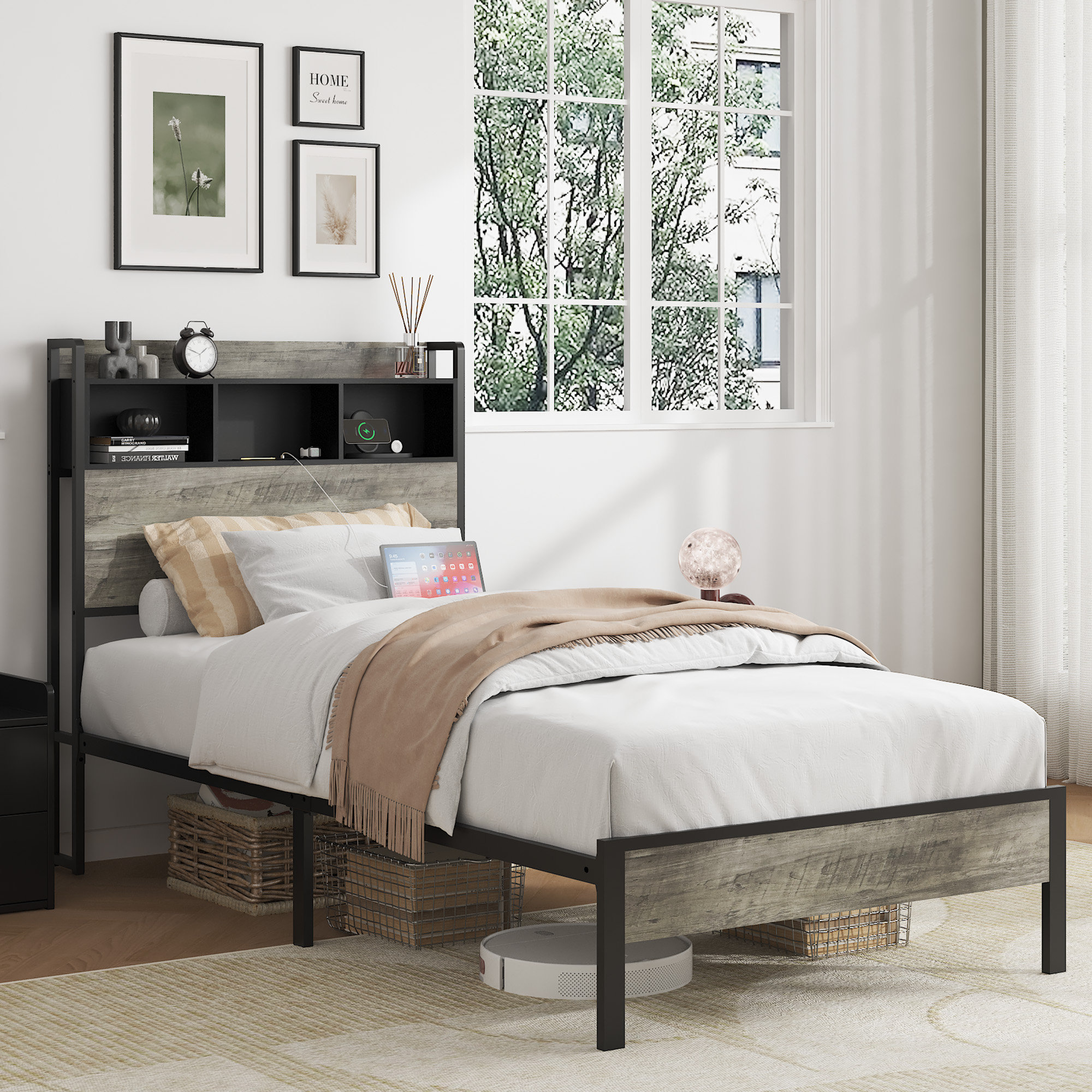 Ivy Bronx Bed frame single bed type, with storage space at the head of ...