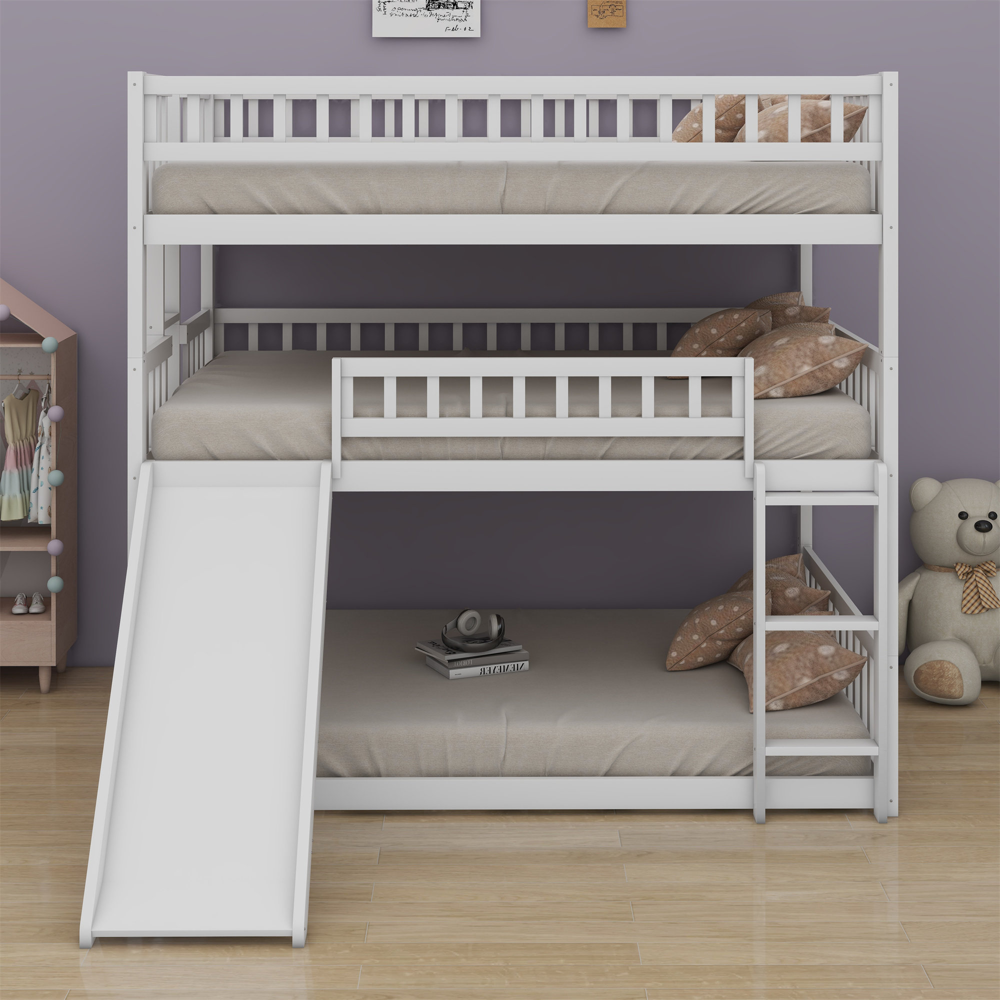 Harriet Bee Triple Bed With Ladder And Slide,Triple Bunk Bed With ...