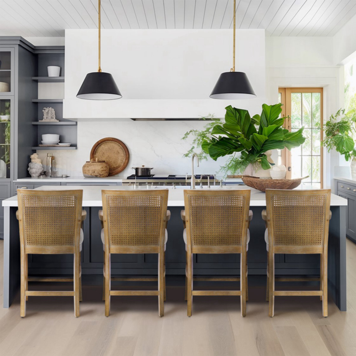 Wenty 25.5" Seat Height Cane Back Counter Stool with Footrest | Wayfair