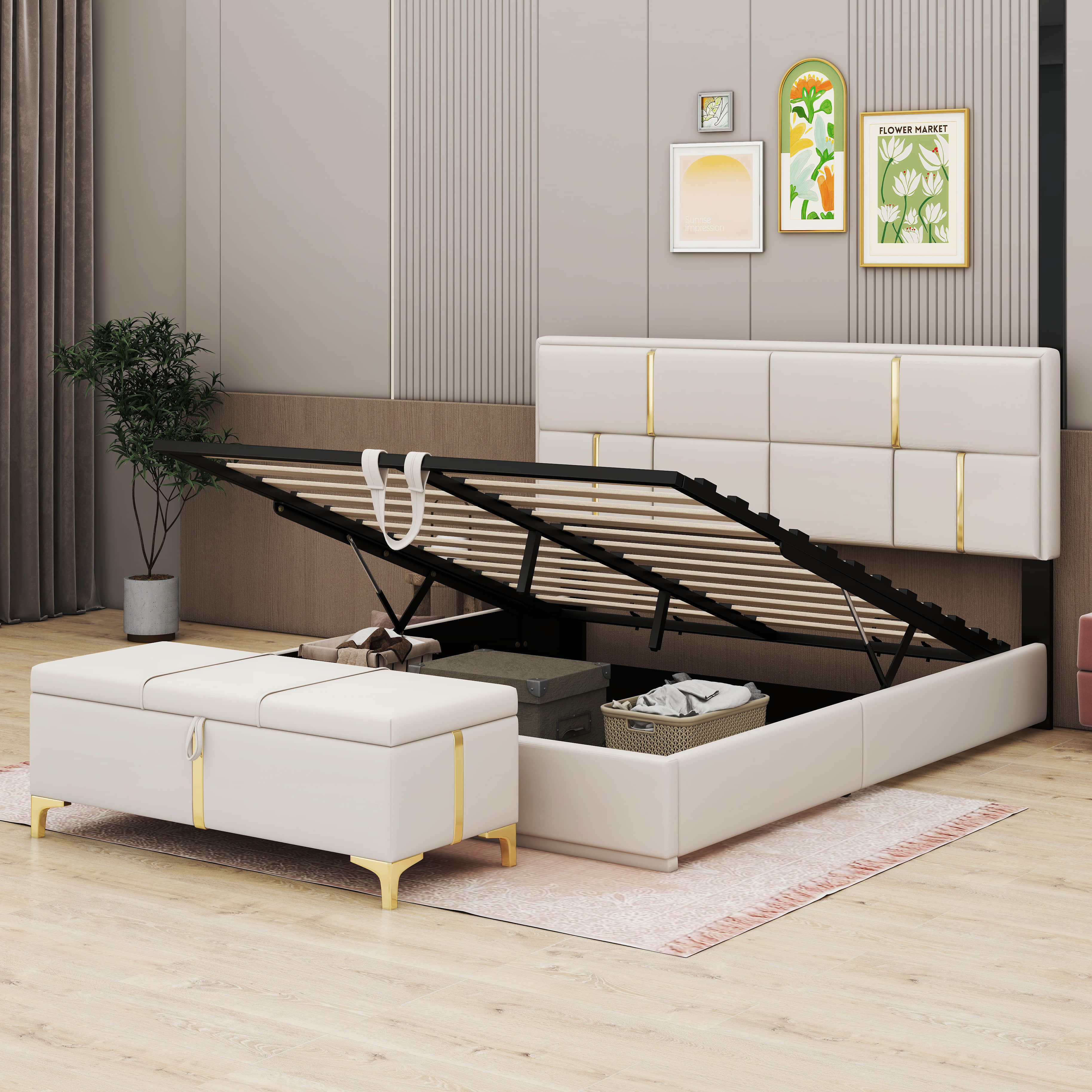 Mercer41 Carollo 2-Pieces Bedroom Sets, Queen Upholstered Bed with ...