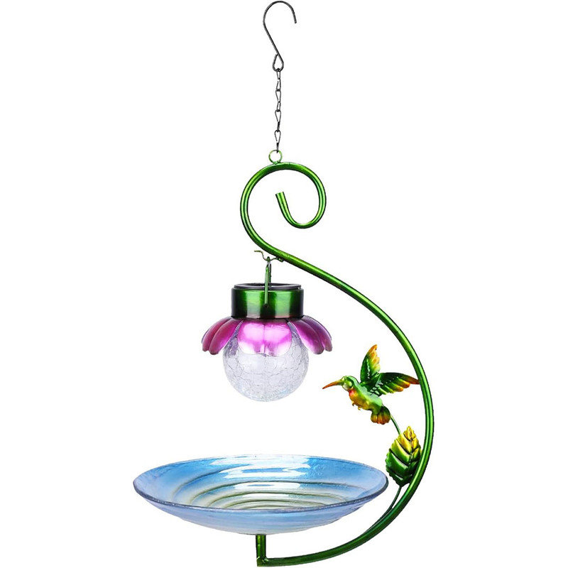 Winston Porter Hanging Bird Bath for Outdoors, 11 Inch Glass Solar Bird ...