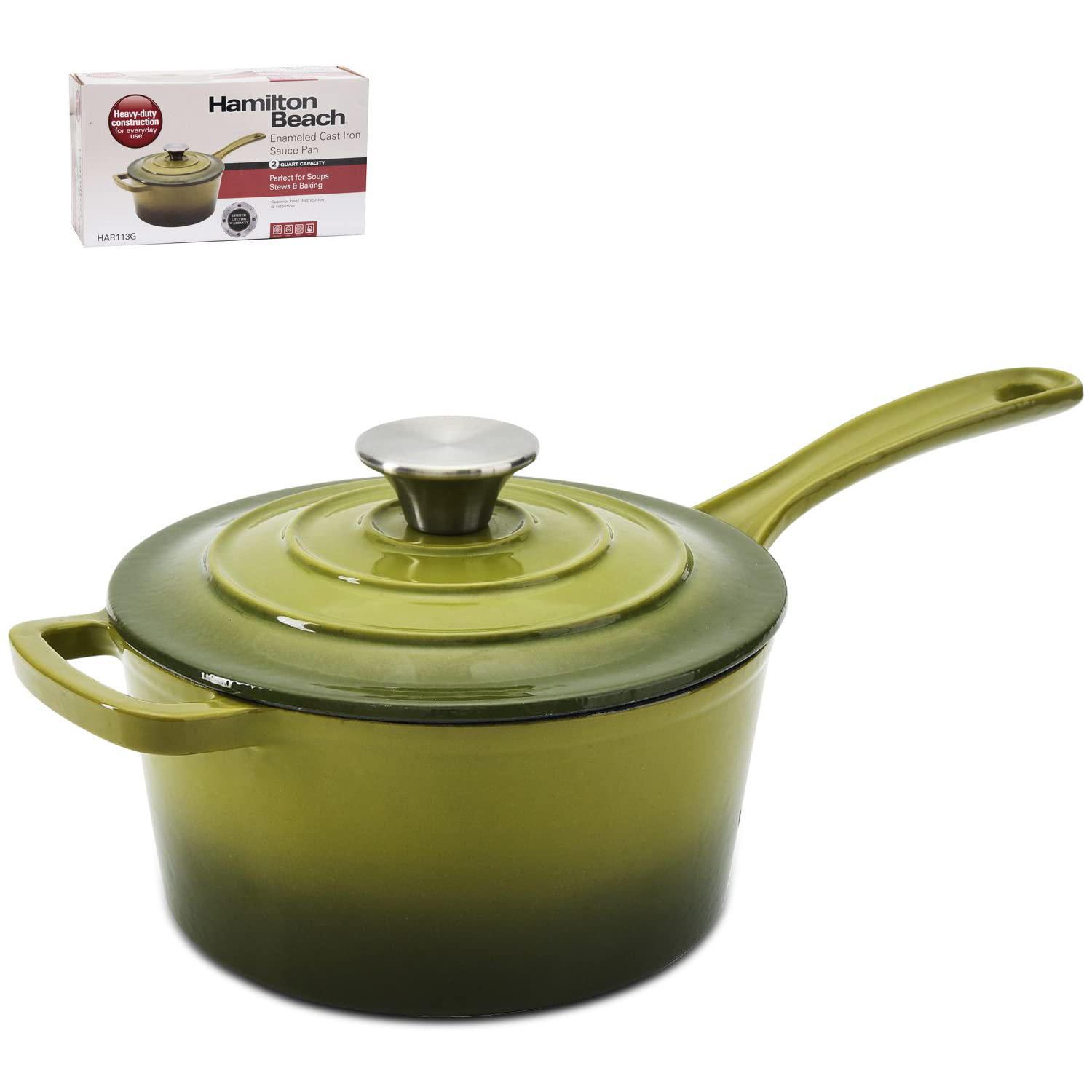 Hamilton Beach Enameled Cast Iron Sauce Pan 2-Quart Navy, Cream Enamel ...