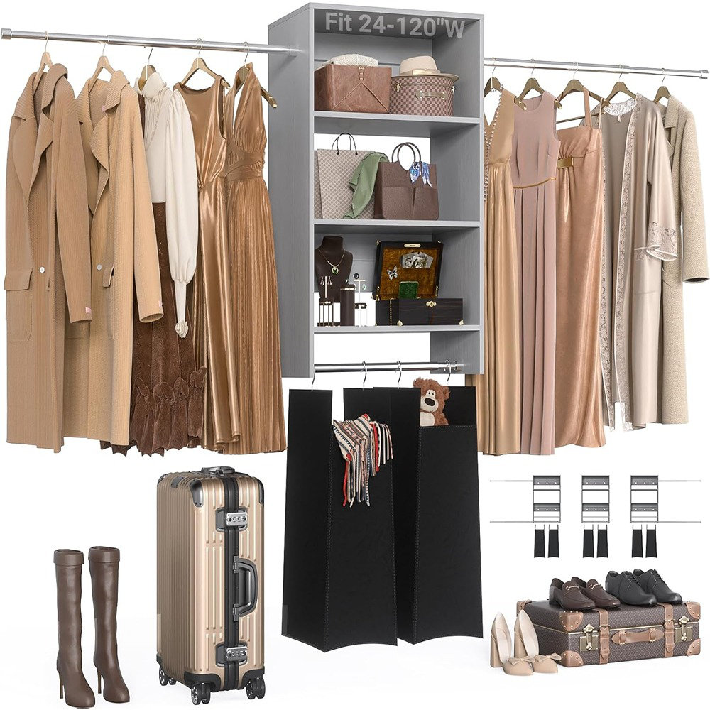 MAXAYA Hanging Closet System With 2 Laundry Hampers, Wood Closet Organi ...