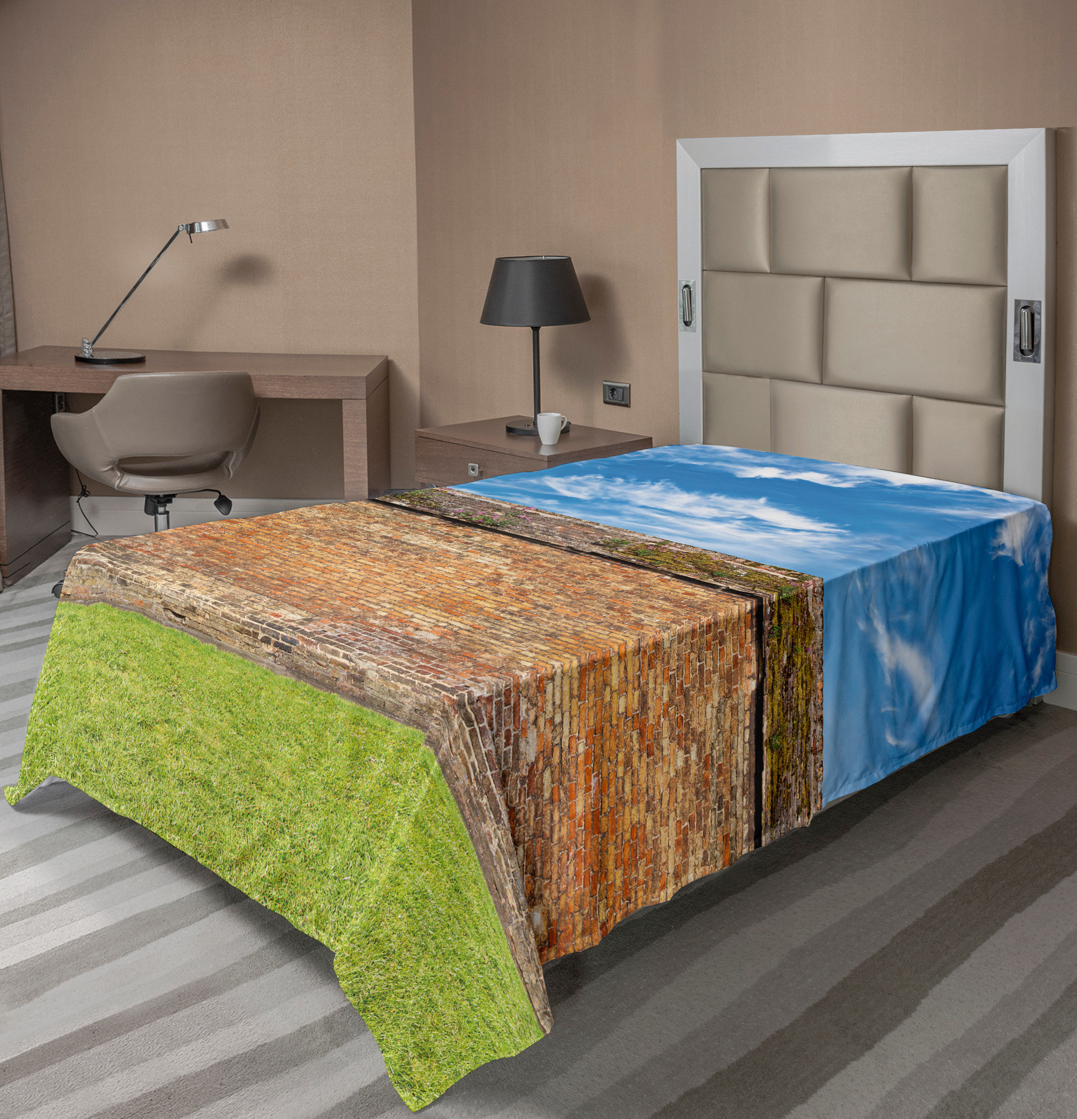 Ambesonne Brick Top Flat Sheet Field Urban Sky Red Green | Wayfair