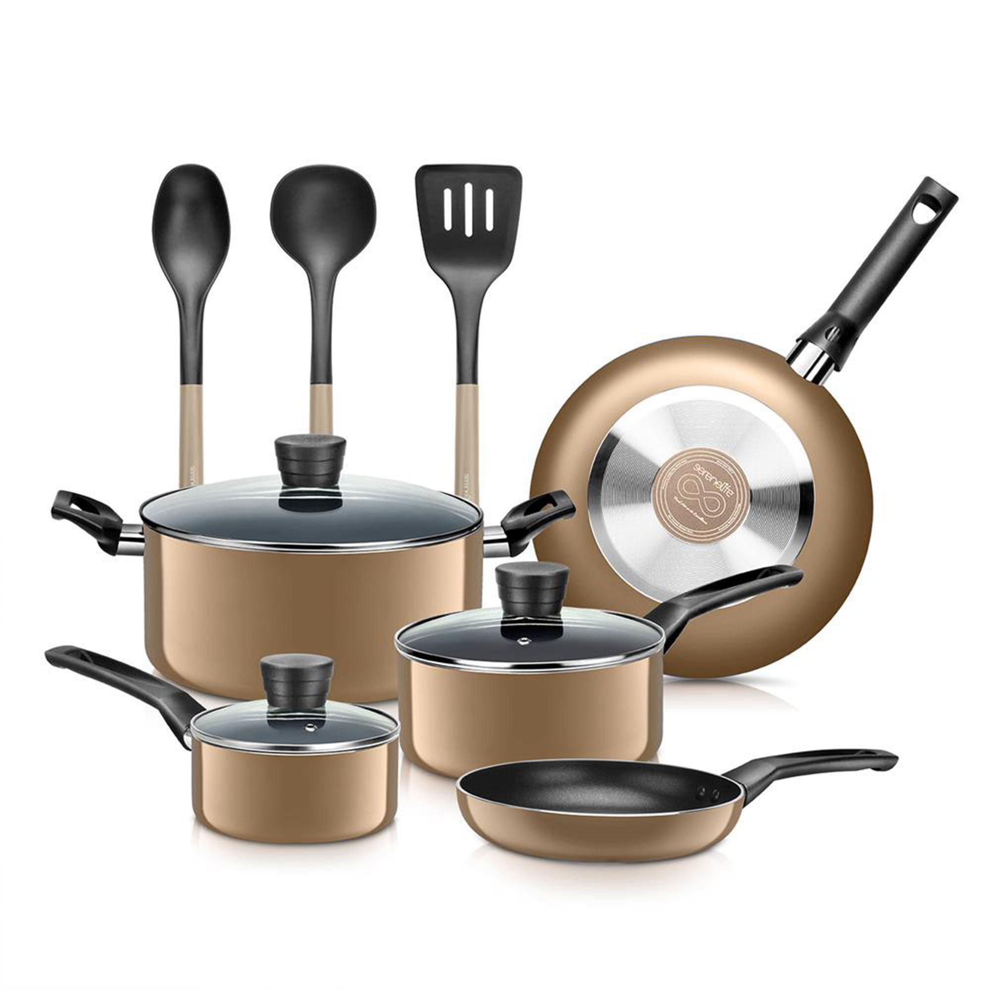 SereneLife Kitchenware Pots & Pans Set – Basic Kitchen Cookware, Black ...