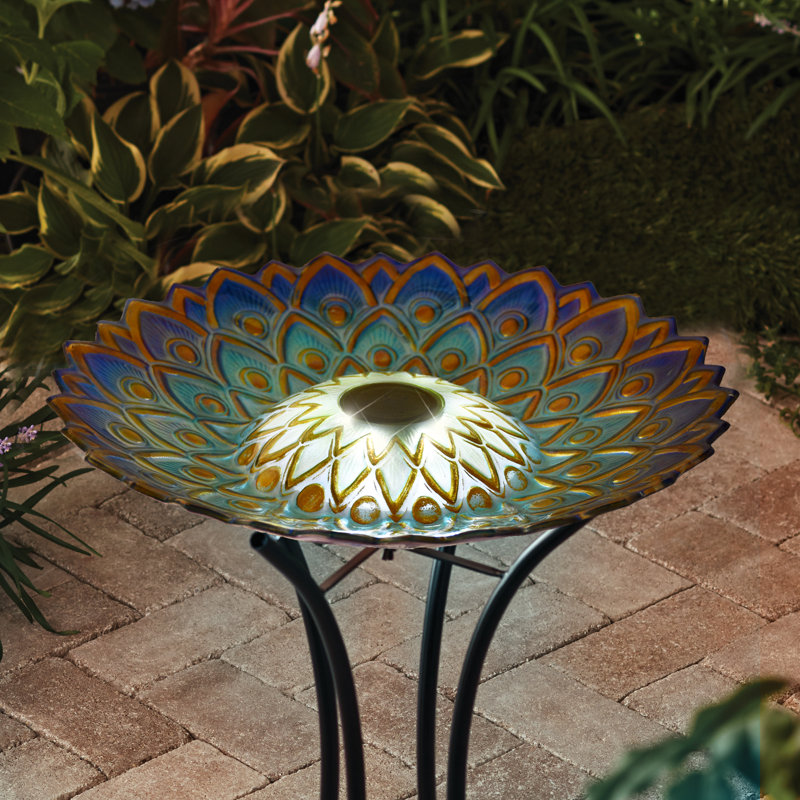 Hi-Line Gift Ltd. Solar Peacock Geometric Glass Bird Bath with Stand ...