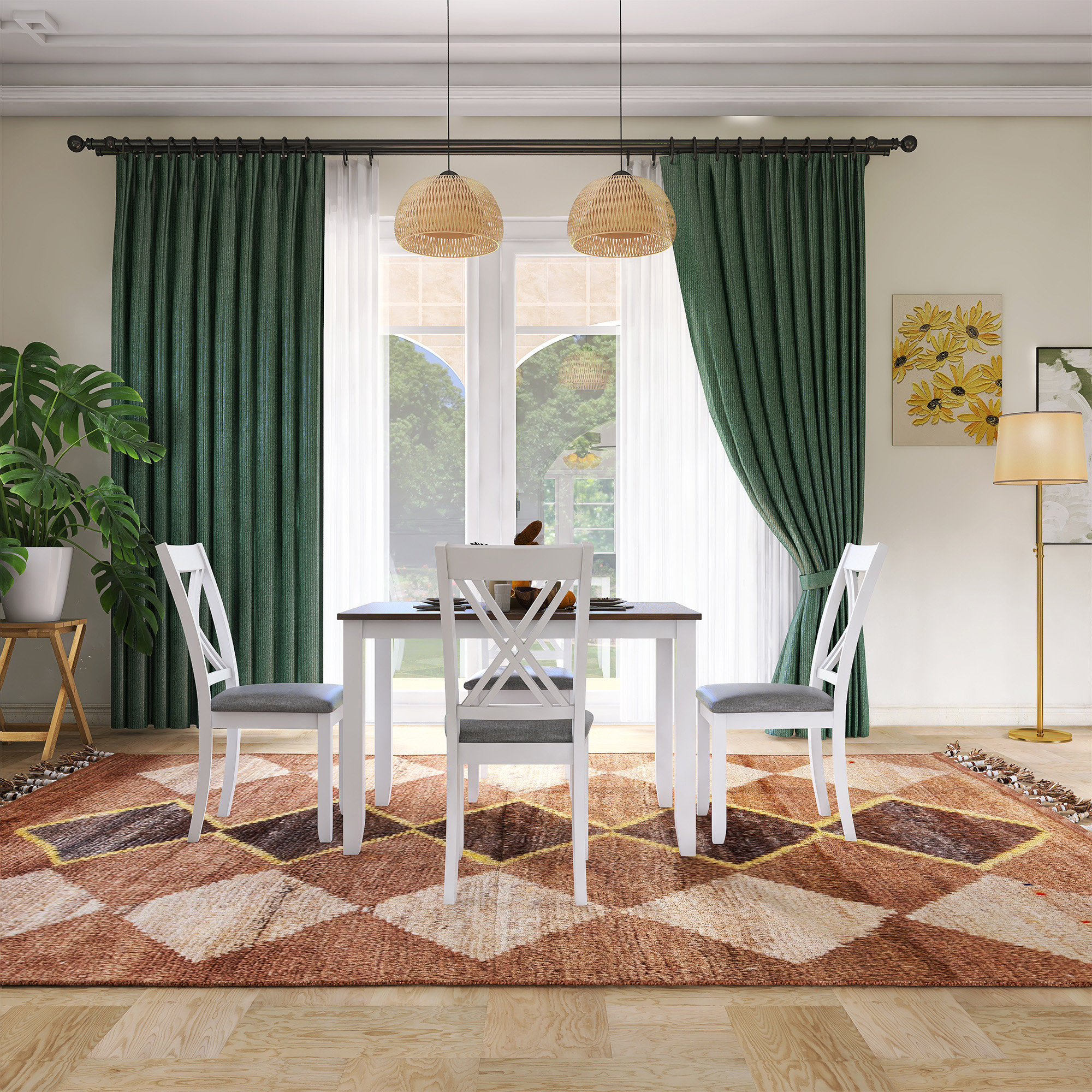 Gracie Oaks 5-Piece Rustic Dining Set With X-Back Upholstered Chairs ...