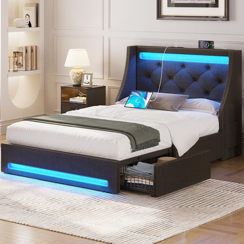 Ivy Bronx Komor Upholstered Storage Bed with Charging Station and LED ...