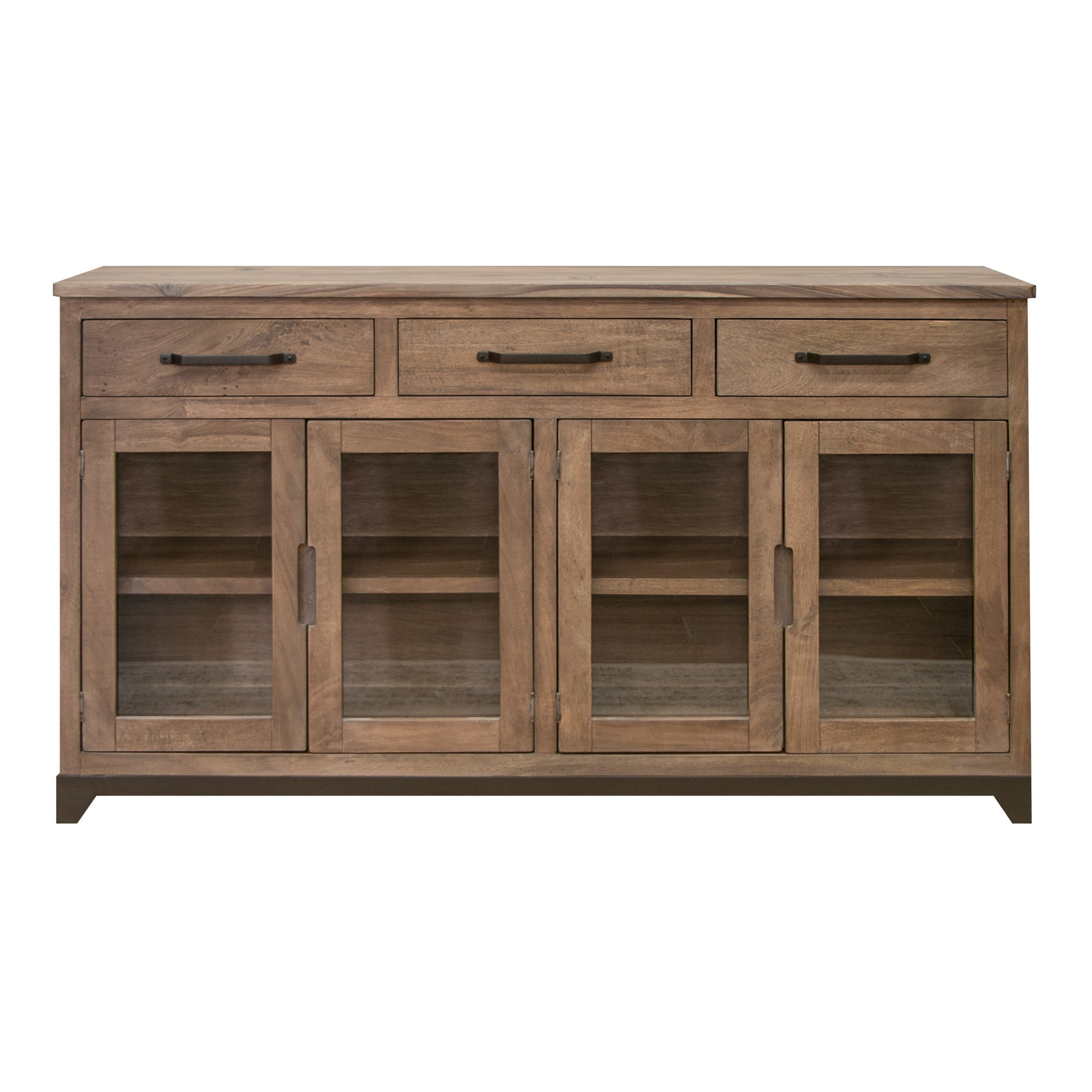 Benjara Umey 70 Inch Sideboard Console, Mango Wood, 3 Drawers, 4 Glass ...