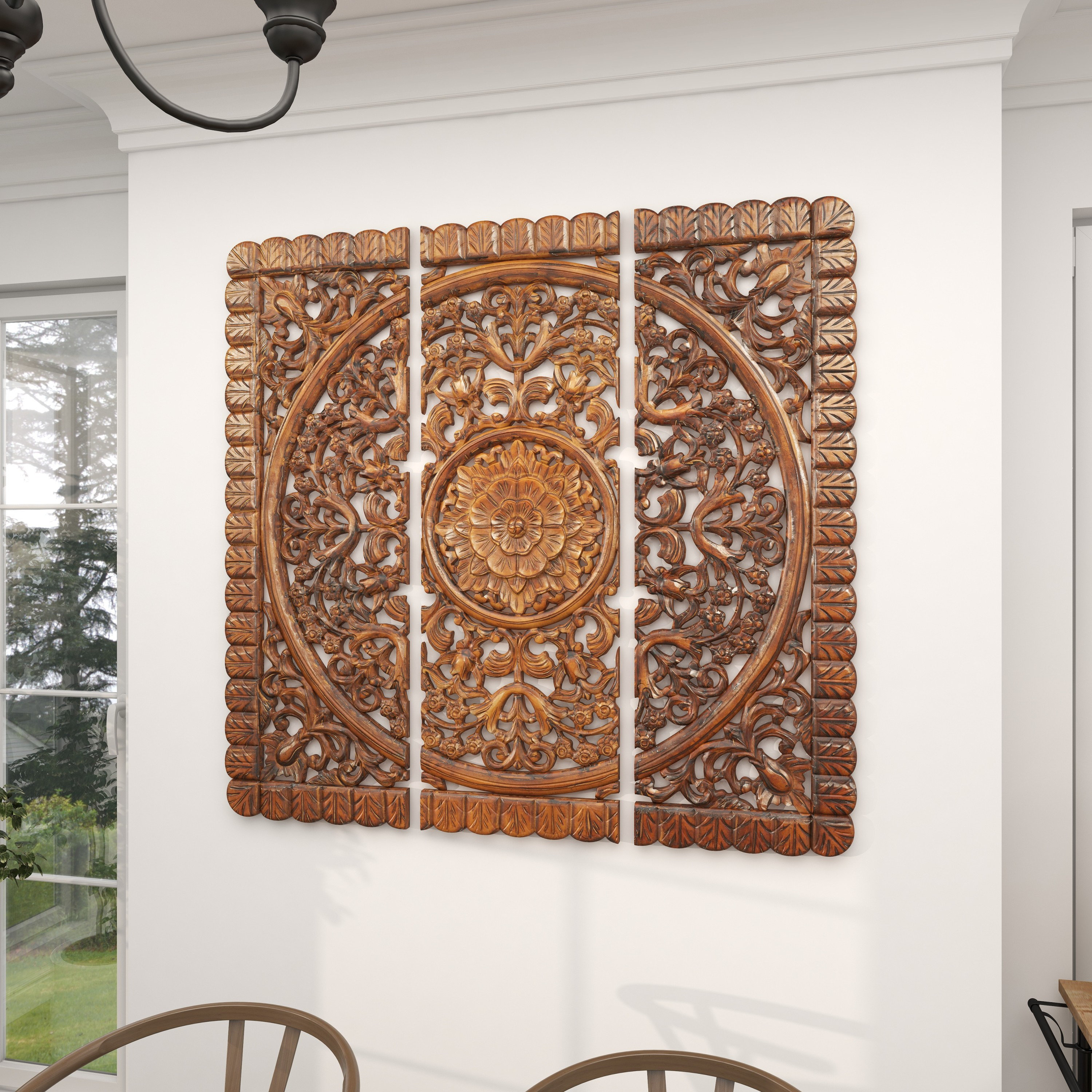 Dakota Fields Wooden Handmade Intricately Carved Mandala Panel Floral ...