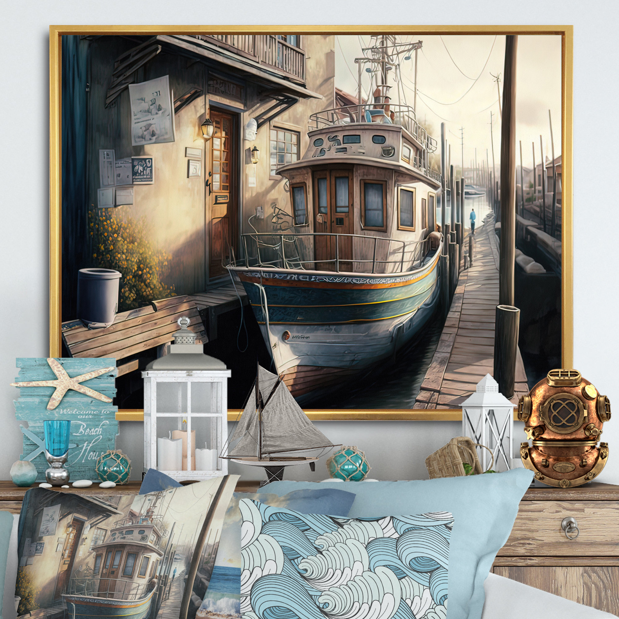 Breakwater Bay Rustic Port with a Fishing Boat IV - Painting on Canvas ...