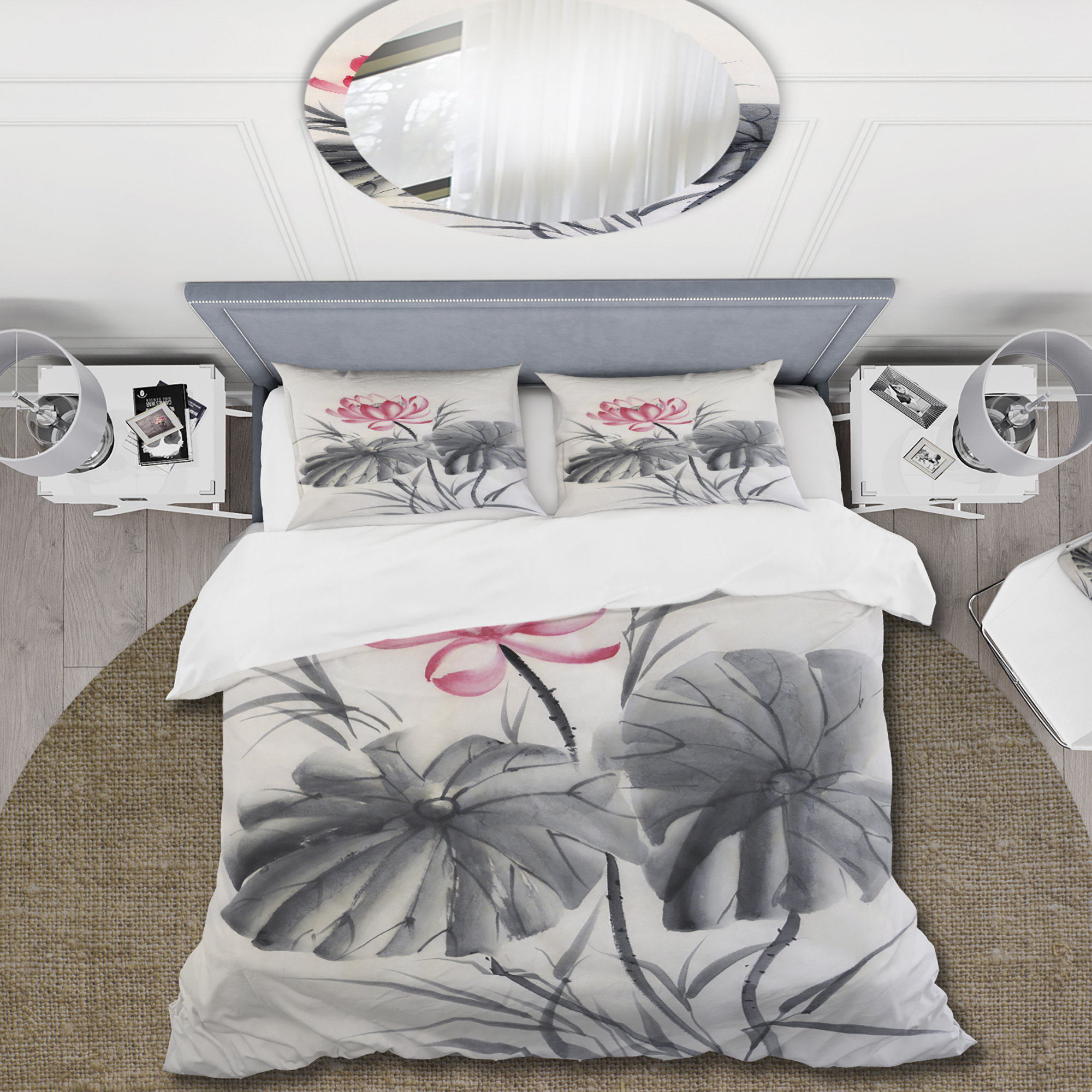 Design Art Lotus Flower With Two Monochrome Leaves - Traditional Duvet ...