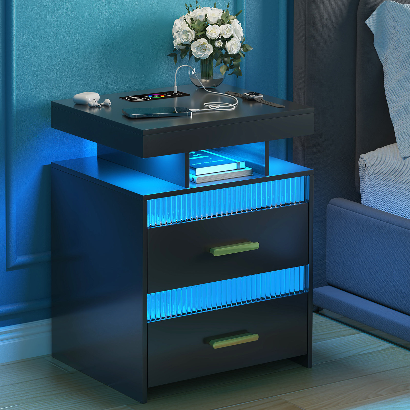 Ivy Bronx Keimar LED Nightstand with Charging Station, 2 Drawers End ...